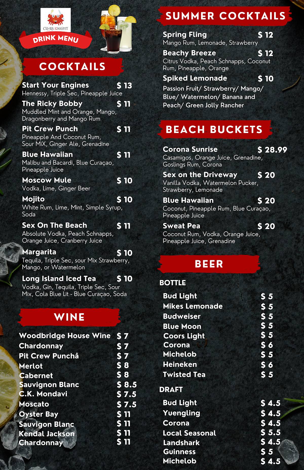 Menu at Crab Knight - International speedway restaurant, Daytona Beach