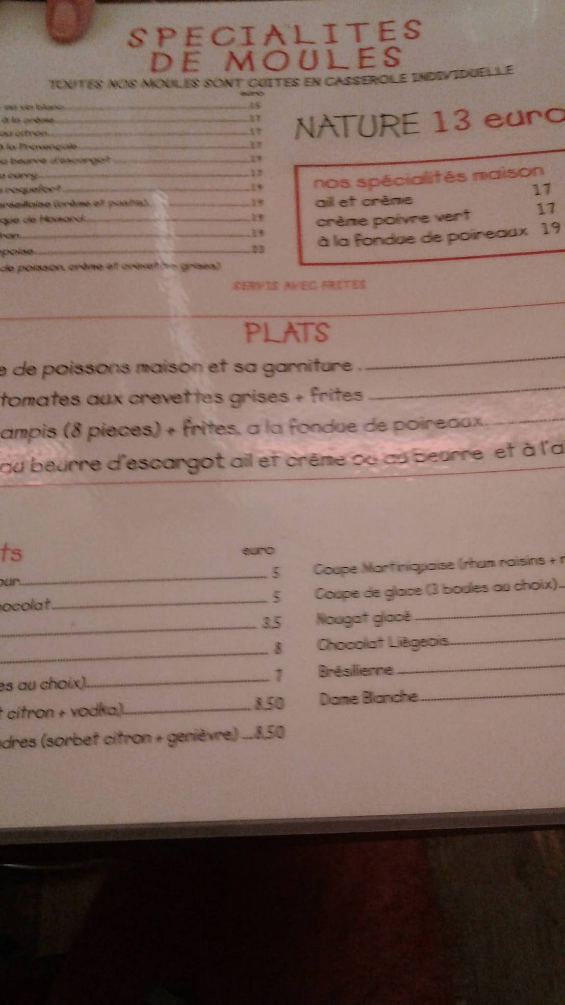 Menu au Le Président, La Panne