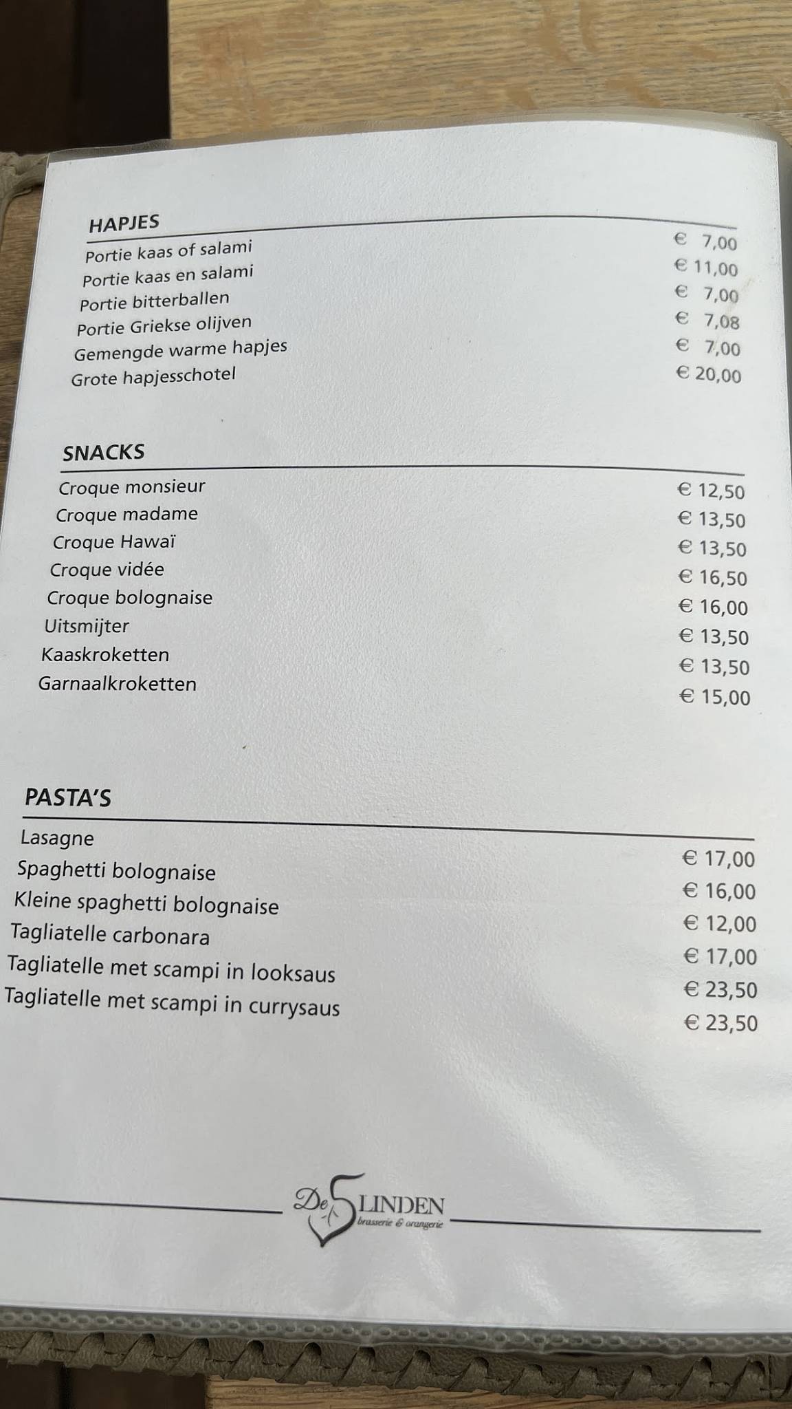 Menu at De vijf linden restaurant, Lommel
