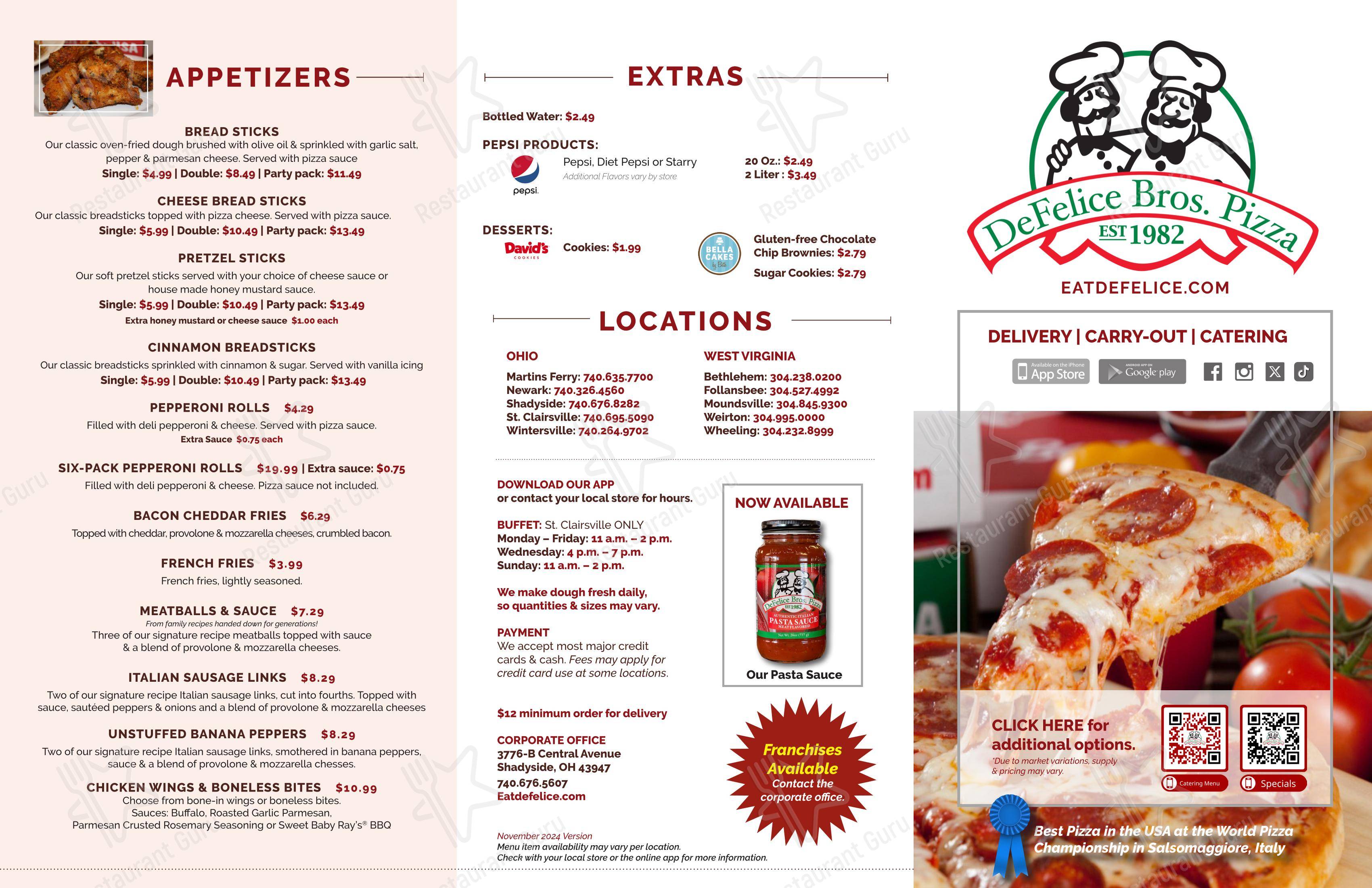 Menu at Defelice Brothers Pizza pizzeria, Weirton