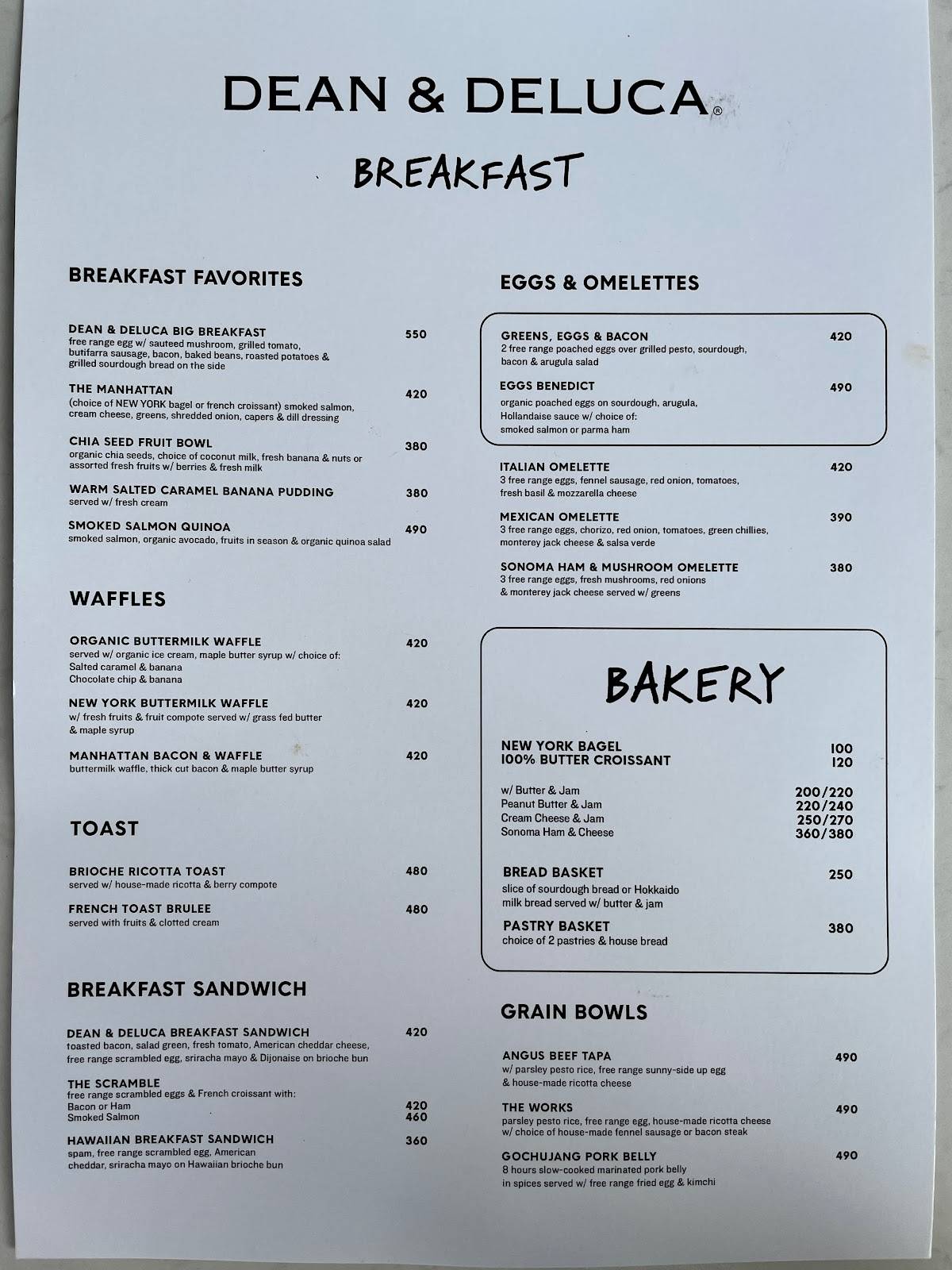Menu at Dean and DeLuca Quezon City cafe, Quezon City