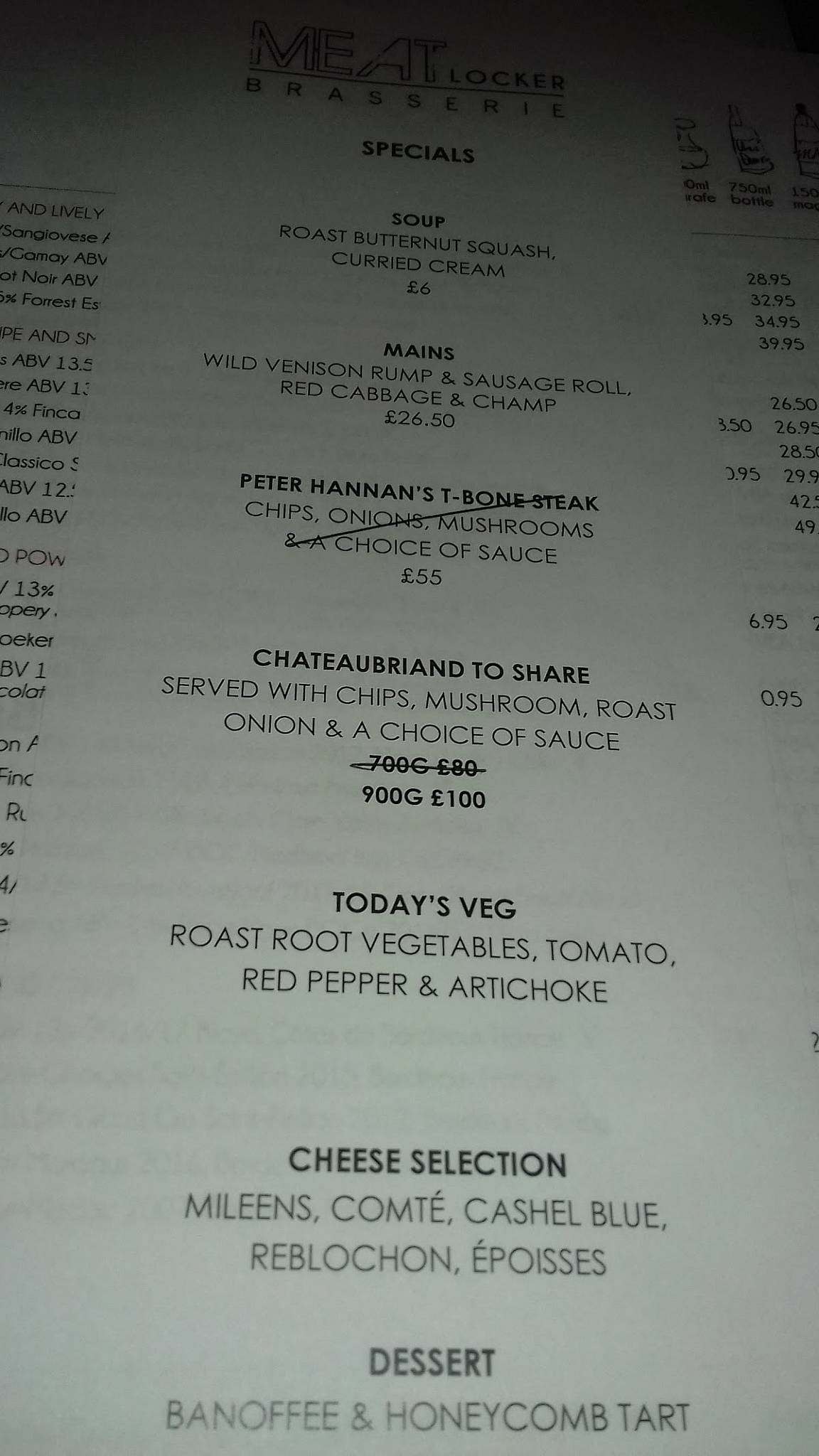 Menu at Deanes Meat Locker restaurant, Belfast