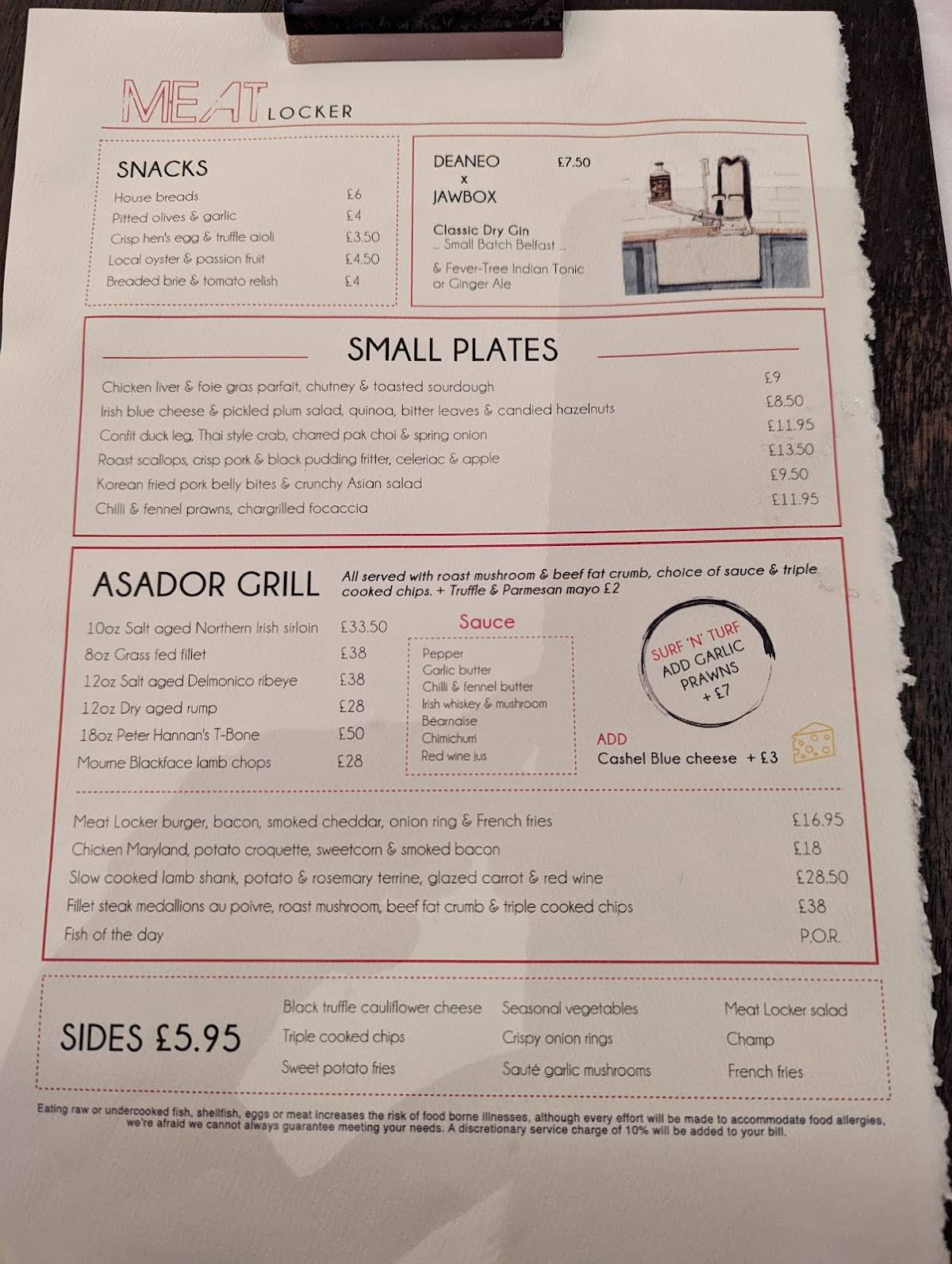 Menu at Deanes Meat Locker restaurant, Belfast