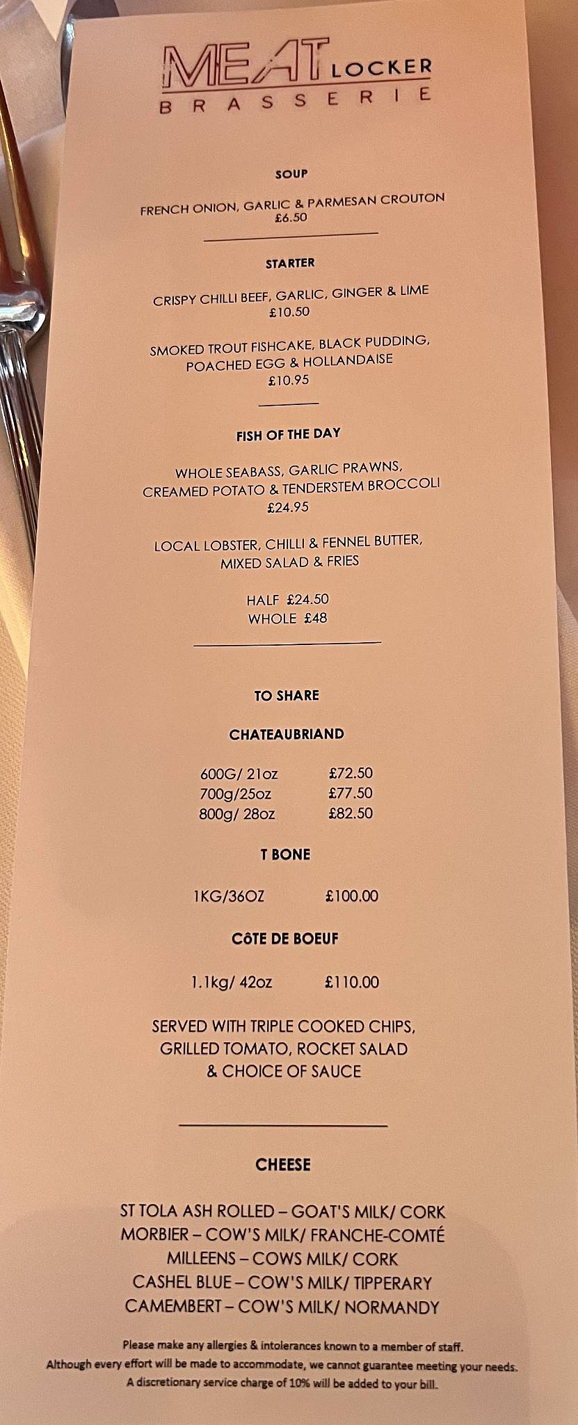 Menu at Deanes Meat Locker restaurant, Belfast