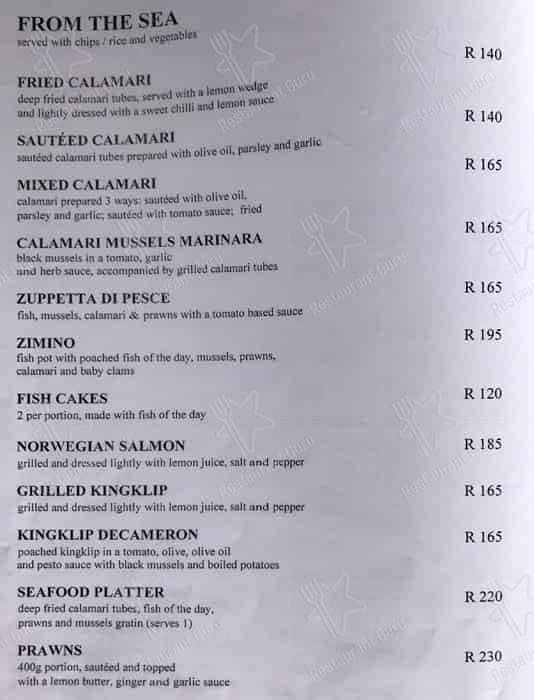 Menu at Decameron Restaurant, Stellenbosch