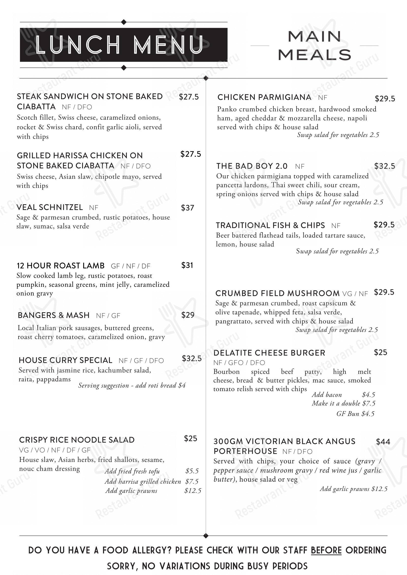 Menu at Delatite Hotel, Mansfield pub & bar, Mansfield