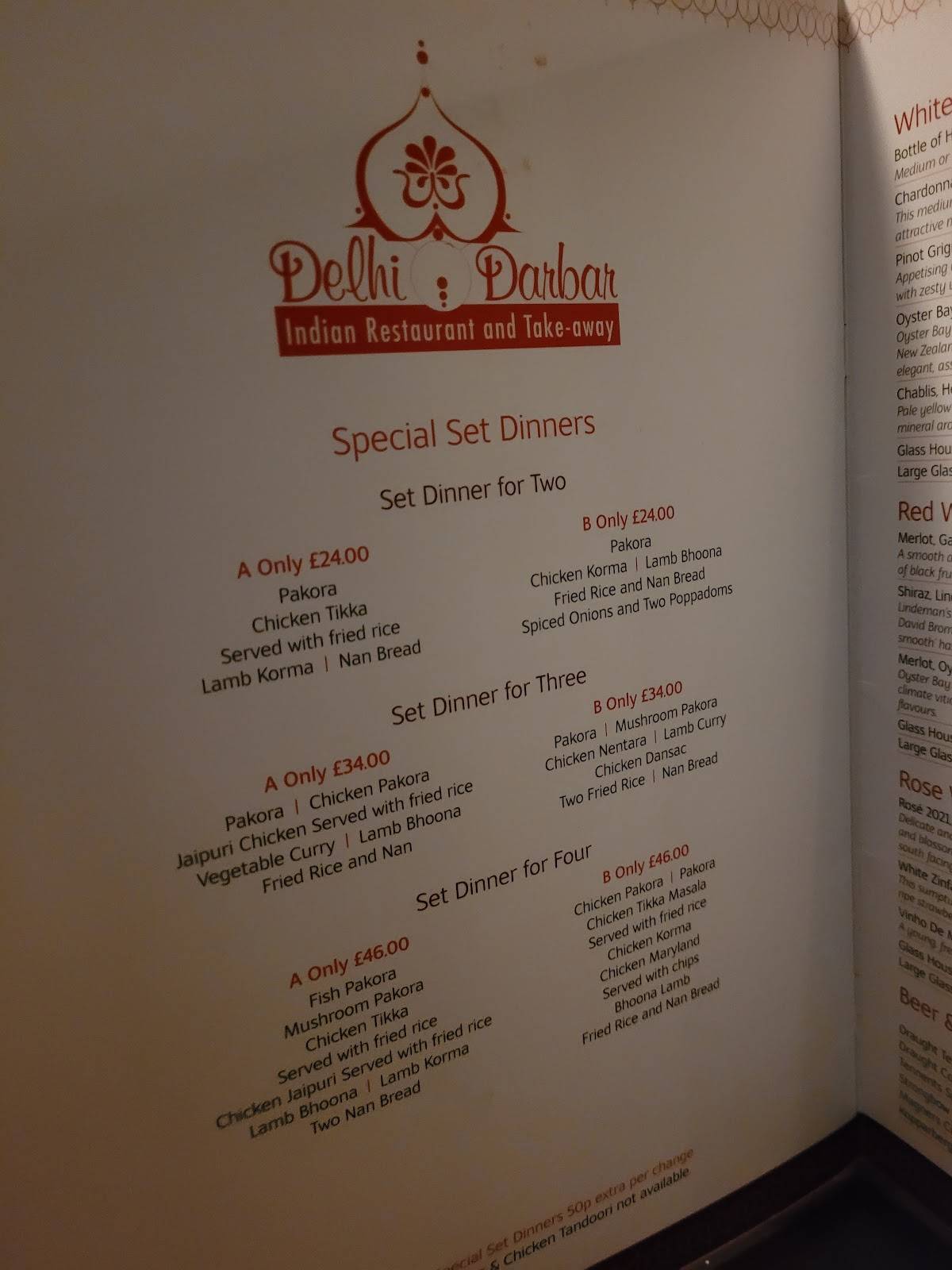 Menu at Delhi Darbar, Glasgow