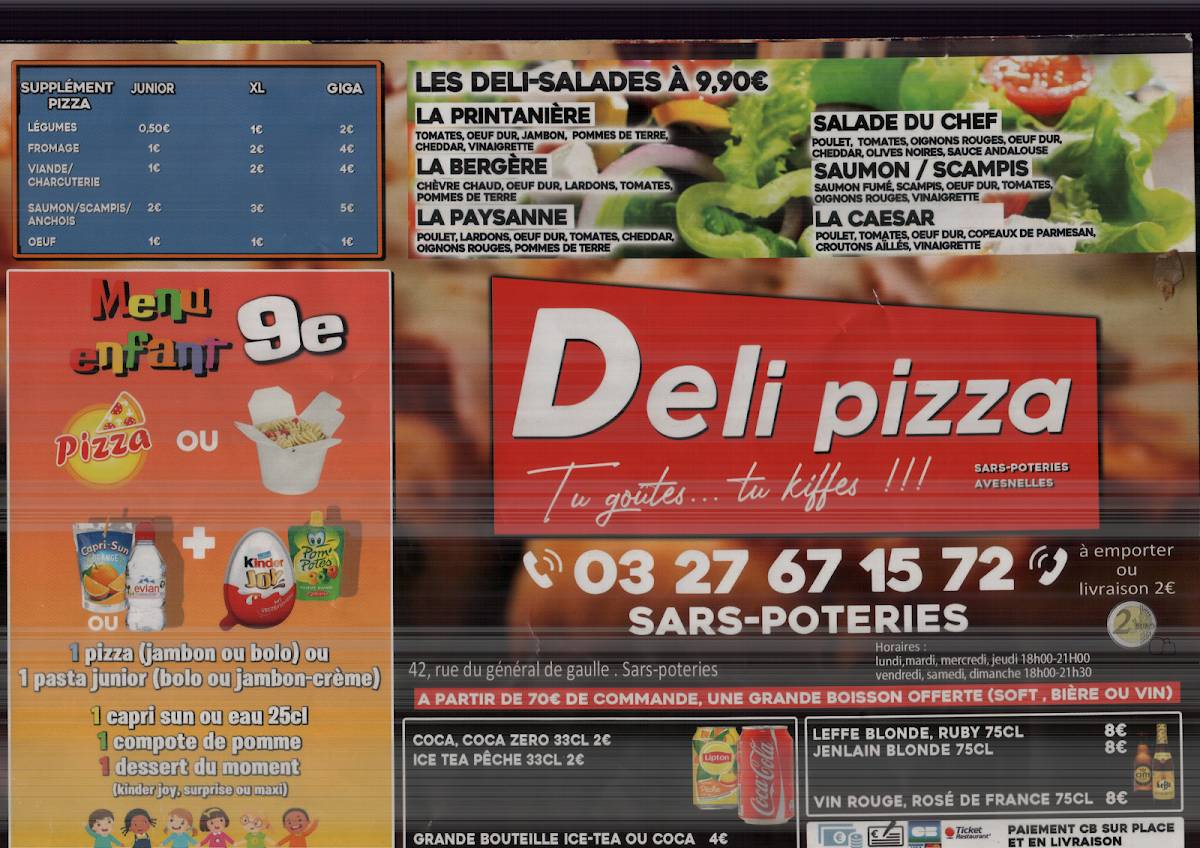 Menu au Deli pizza restaurant, Sars-Poteries
