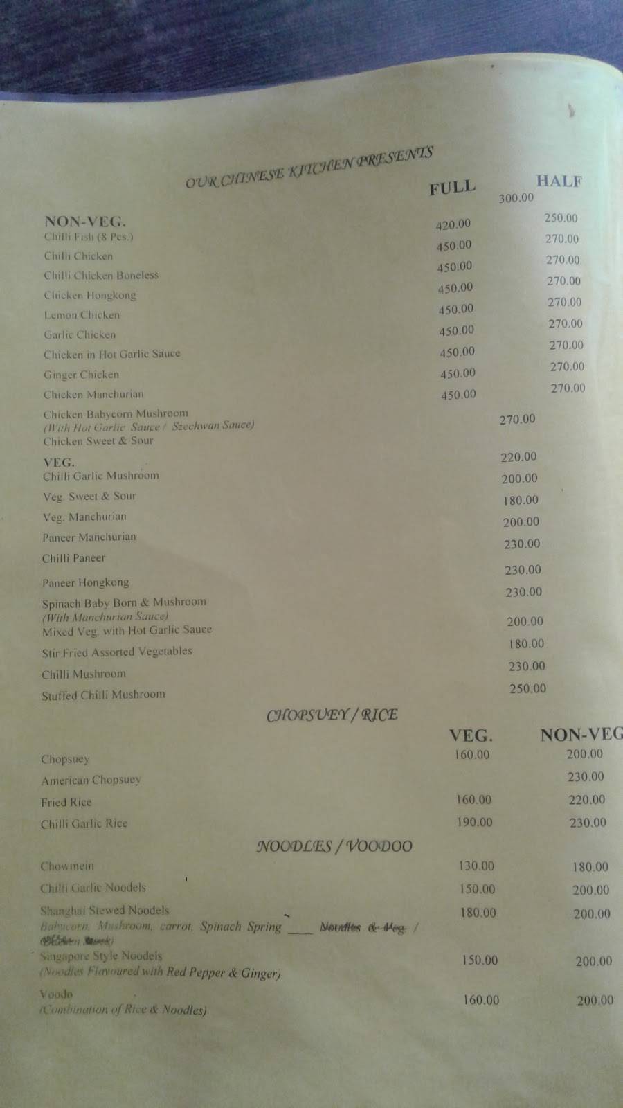 Menu at Delicacy, Jammu