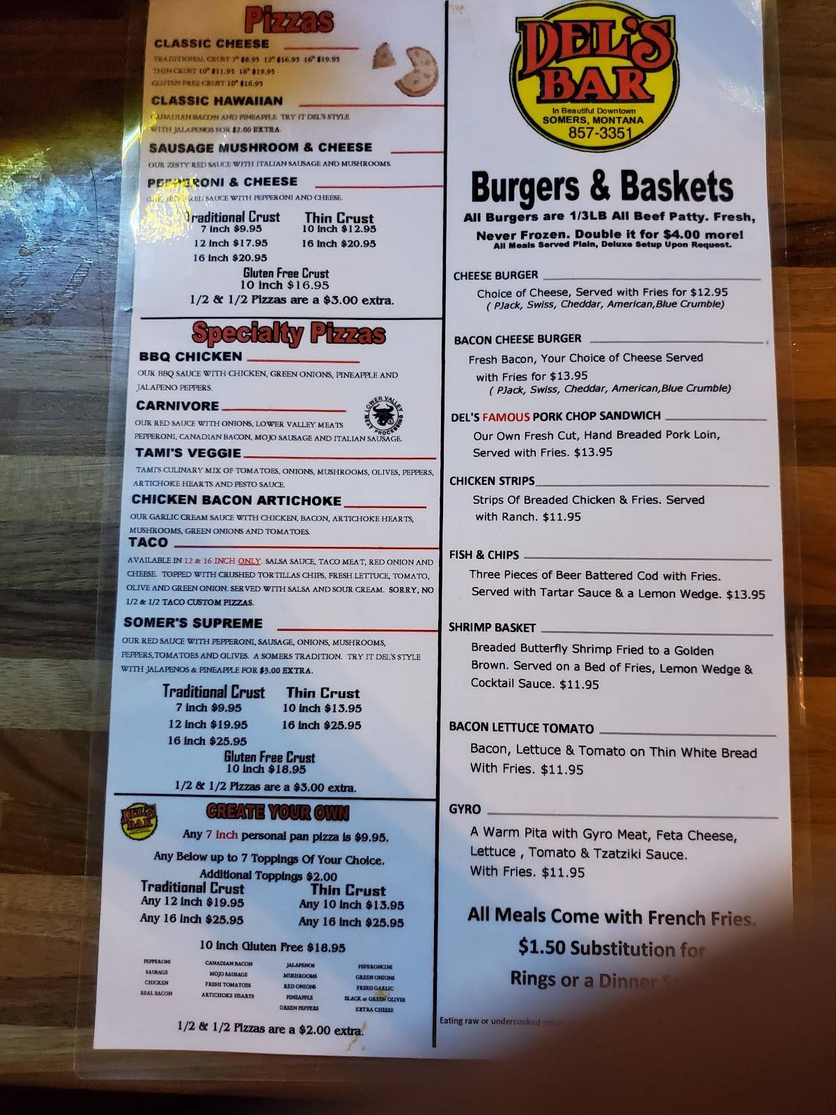 Menu at Del's Bar & Grill, Somers