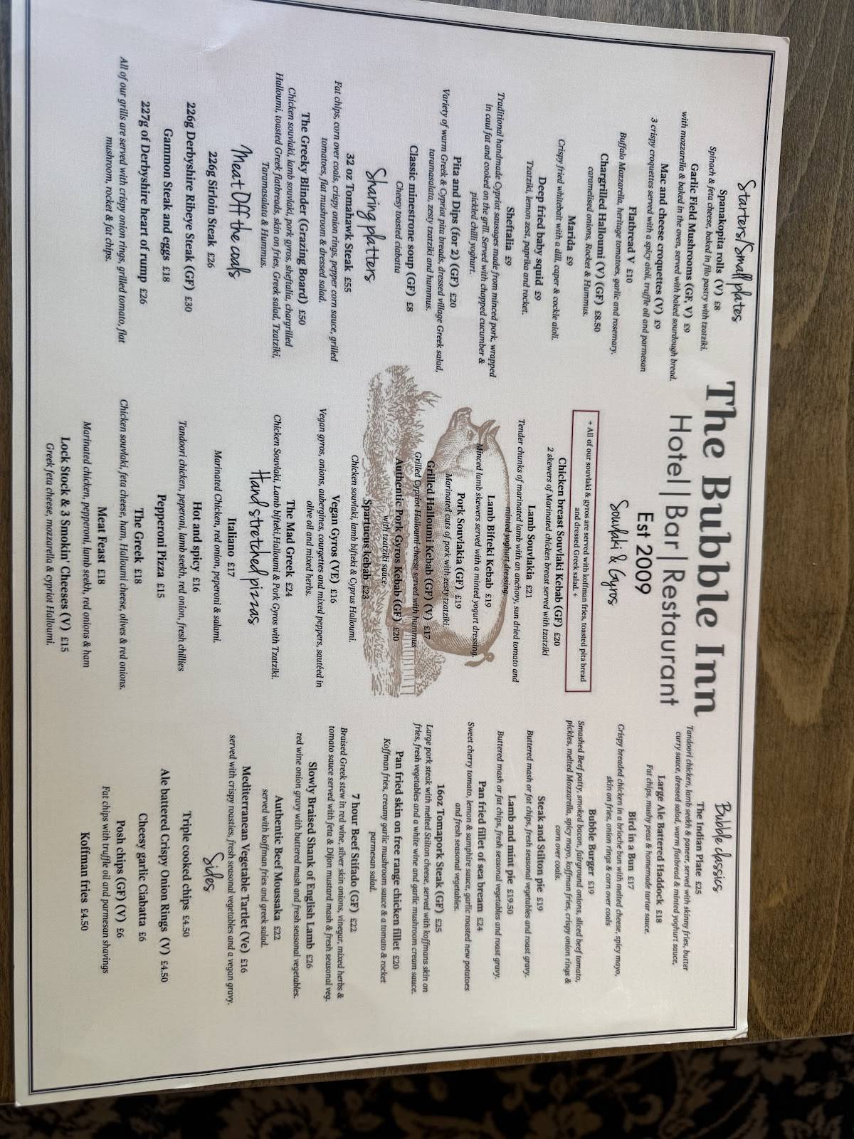 Menu at The Bubble Inn pub & bar, Derby