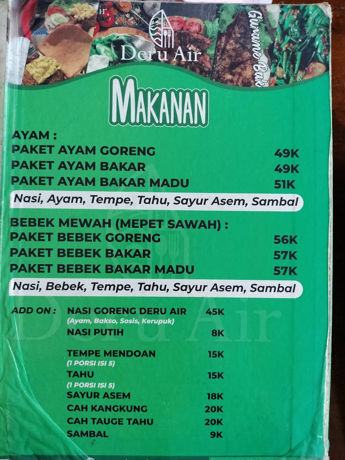 Menu at Deru Air Sentul Restoran Keluarga Rekreasi Alam restaurant ...