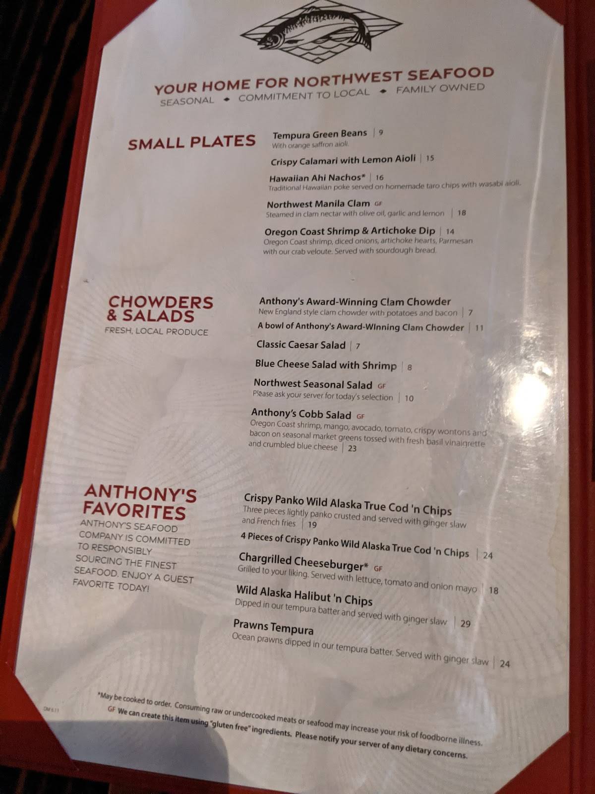 Menu at Anthony's HomePort restaurant, Des Moines, 421 S 227th St