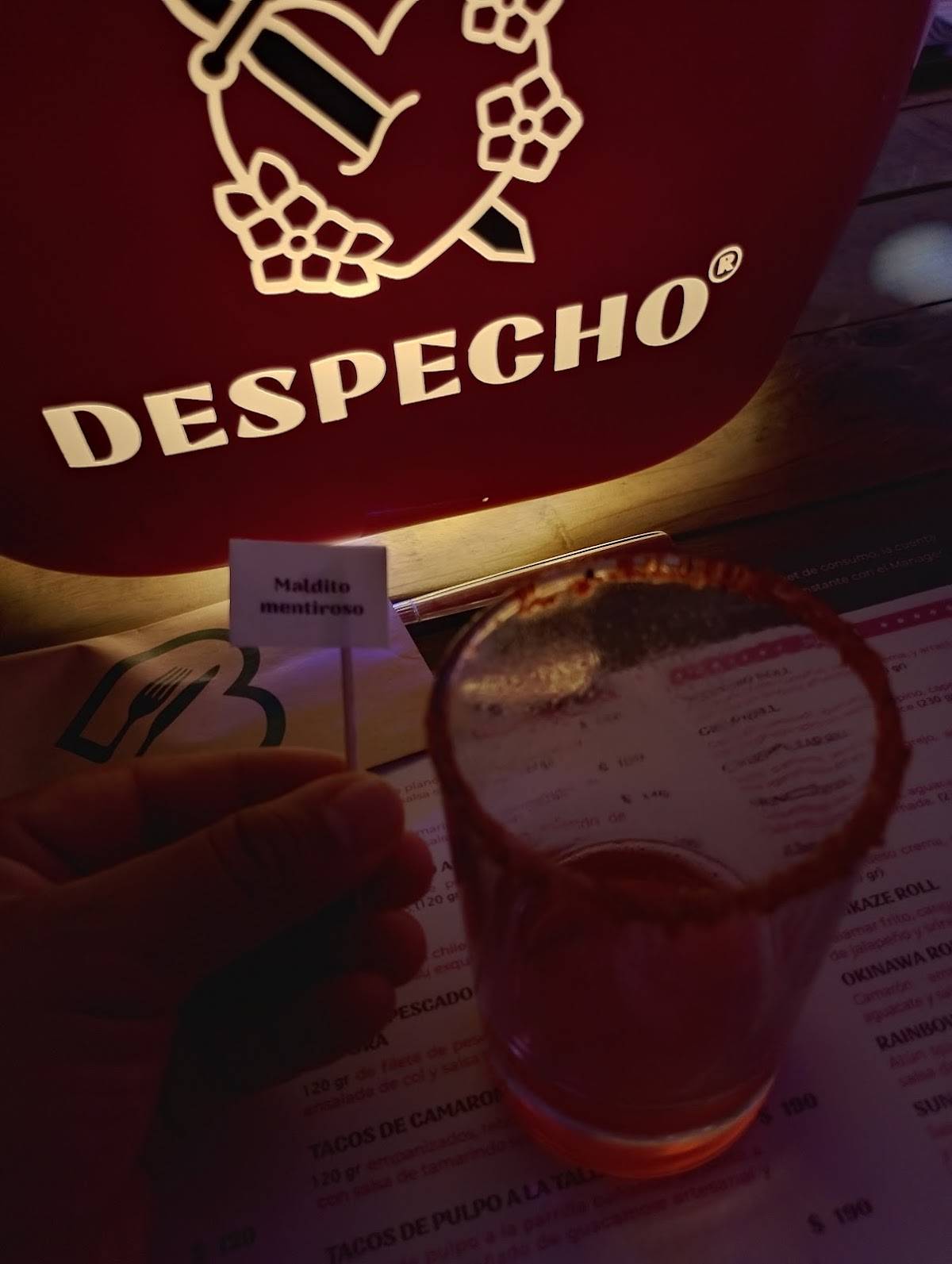 Carta del restaurante Despecho, Ciudad del México