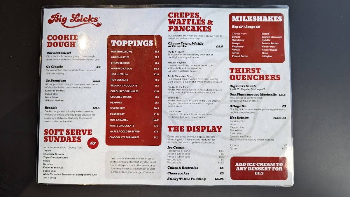 Menu at Big Licks desserts, Manchester
