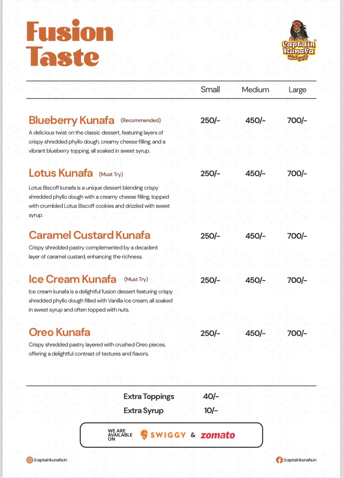 Menu at Captain Kunafa, Hyderabad, beside Sahifa Masjid Road