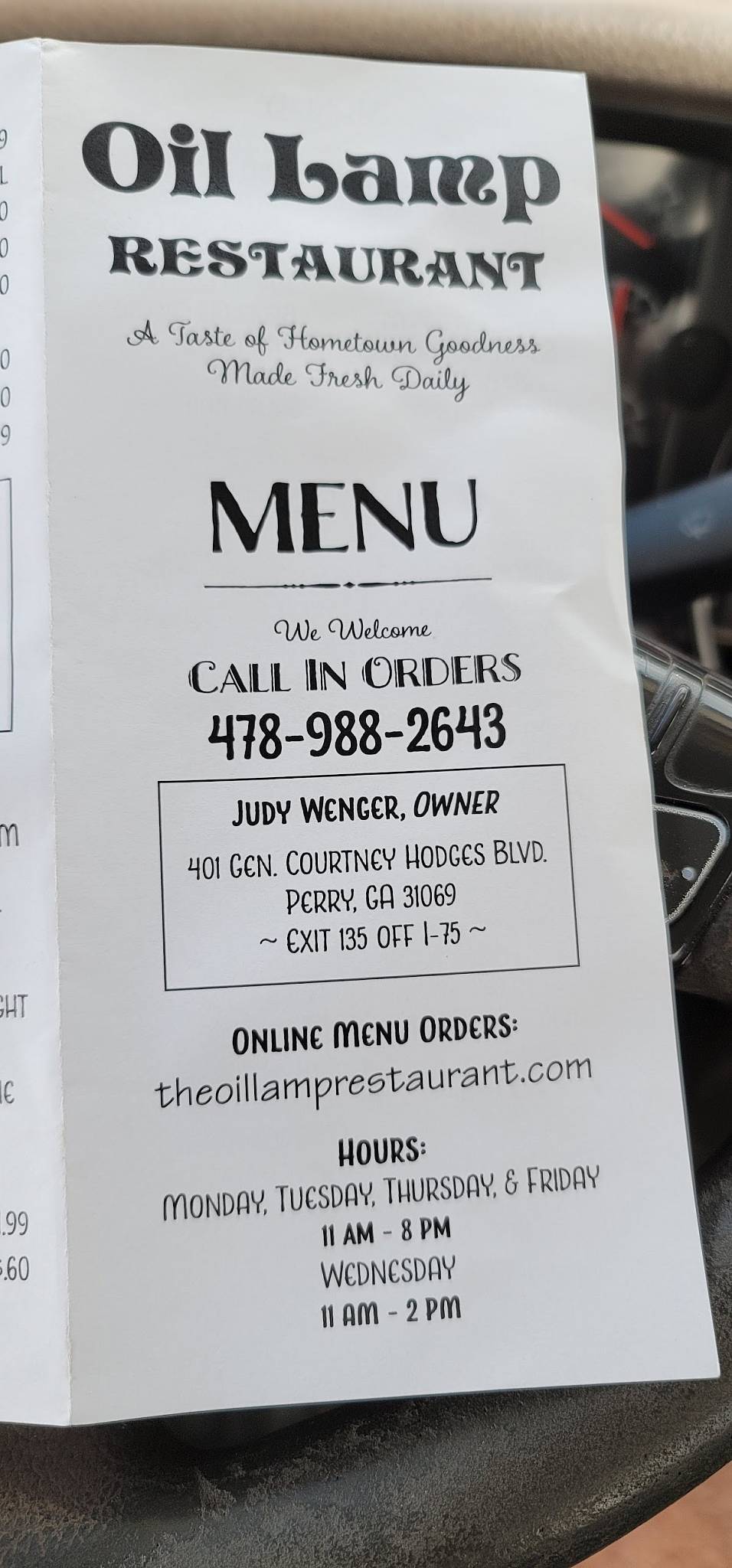 Menu at Oil Lamp Restaurant, Perry