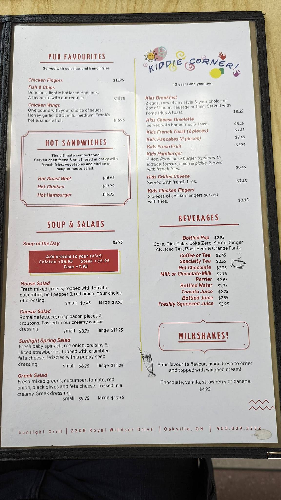Menu at Sunlight Grill desserts, Oakville, Royal Windsor Dr