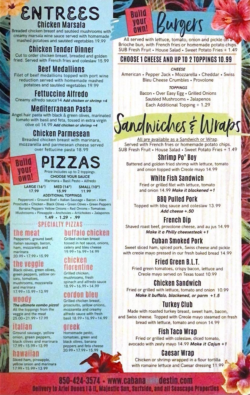 Menu at Cabana Cafe, Miramar Beach, 112 Seascape Dr