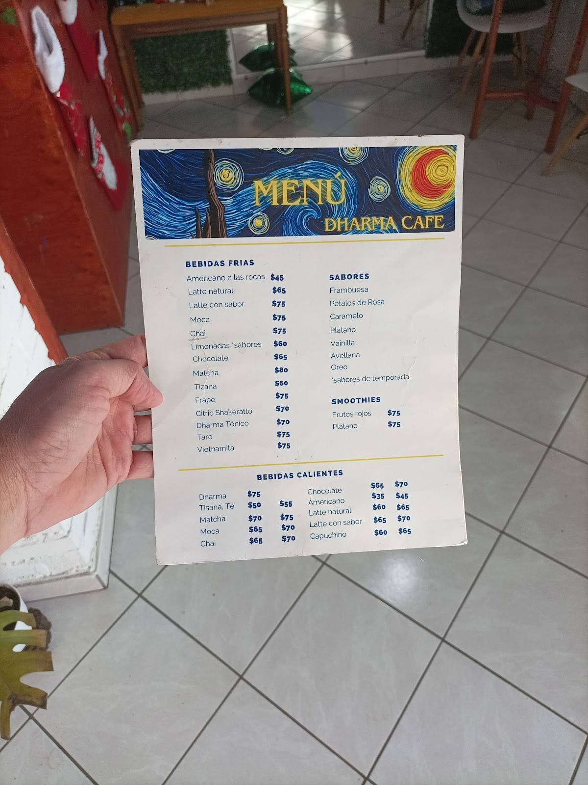 Menu at Dharma Café, Rosarito
