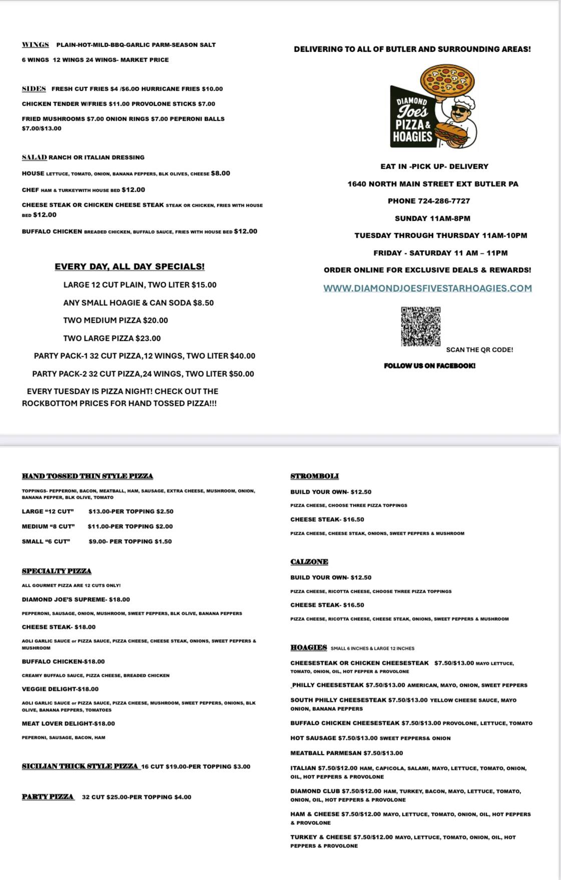 Menu at Diamond Joes Pizza & Hoagies restaurant, Butler