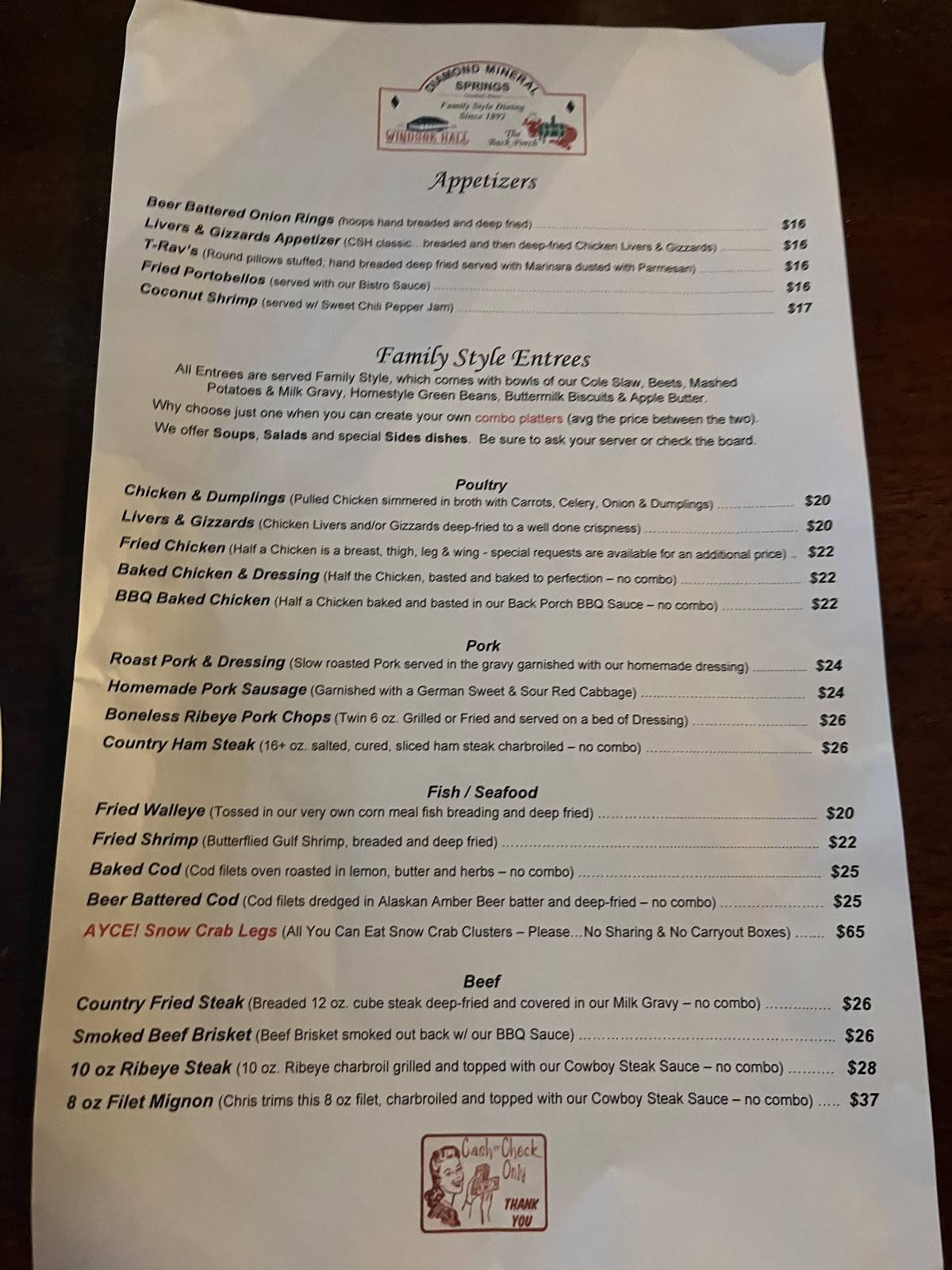 Menu at Diamond Mineral Springs restaurant, Highland, 1 W Pocahontas Rd