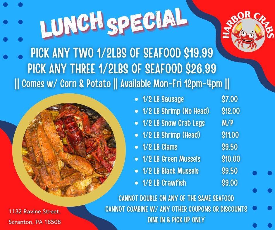 Menu at Harbor Crabs restaurant, Dickson City, 1132 Ravine St