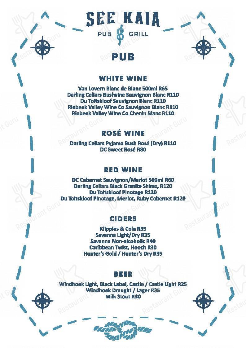 Menu at Die See Kaia Restaurant, Velddrif, 2 Roos St