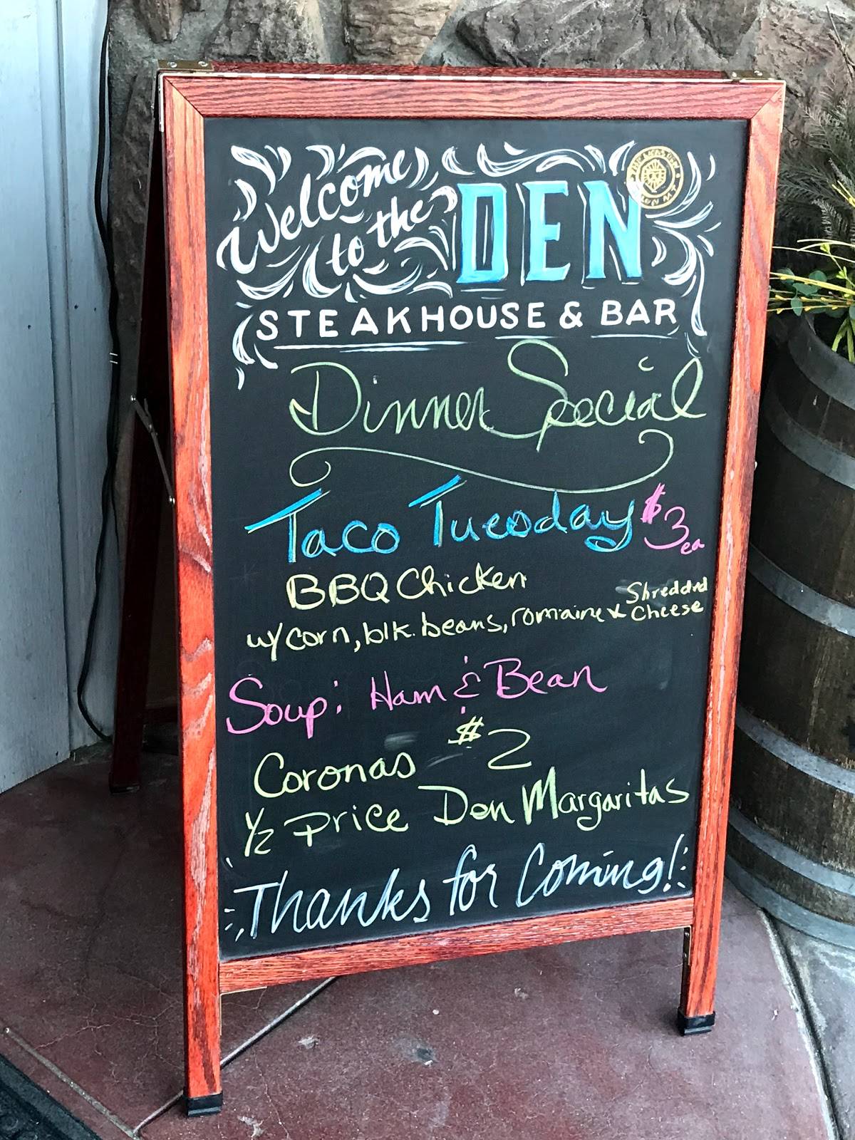 Menu at The Den steakhouse, Dillon