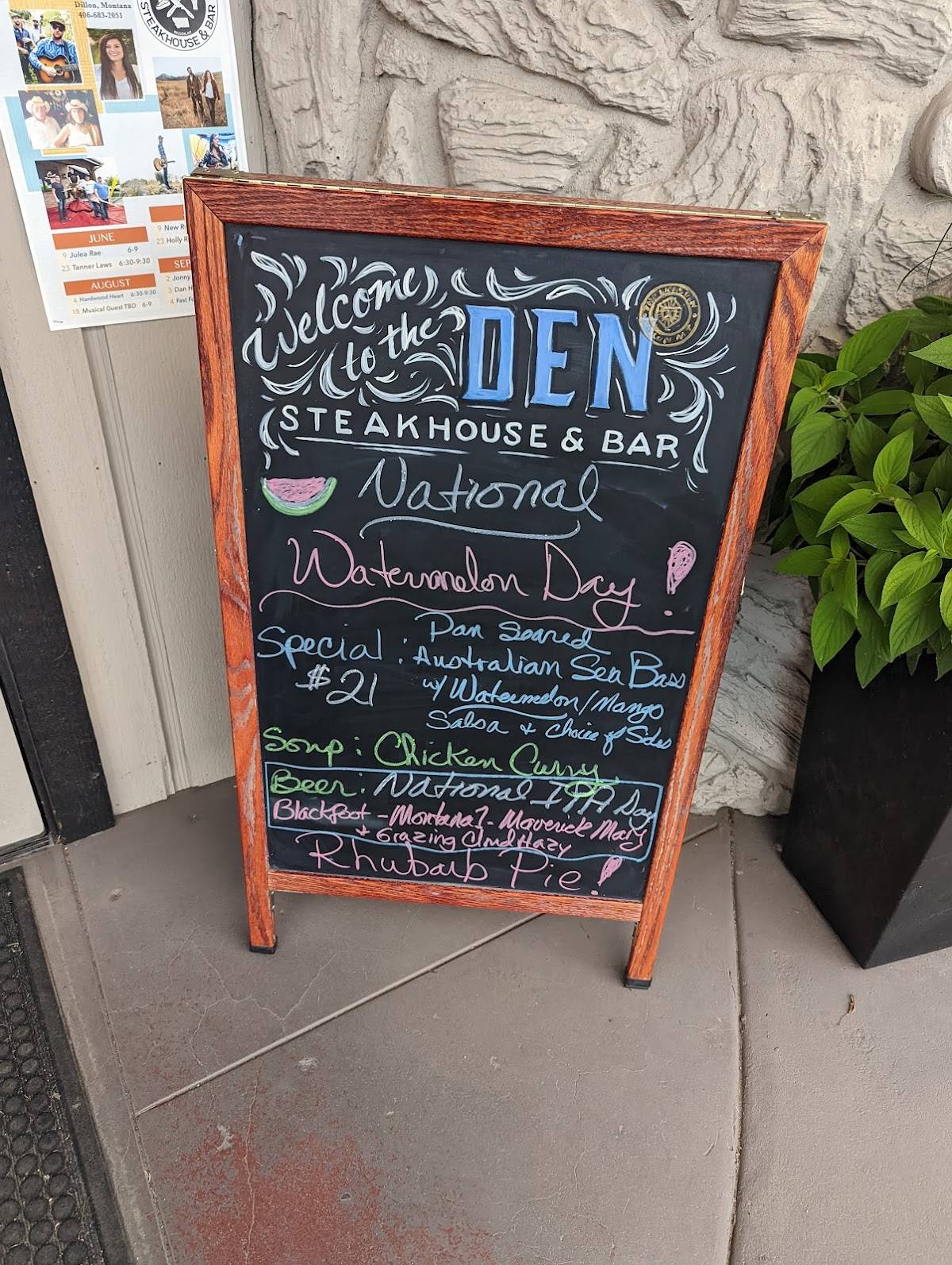 Menu at The Den steakhouse, Dillon