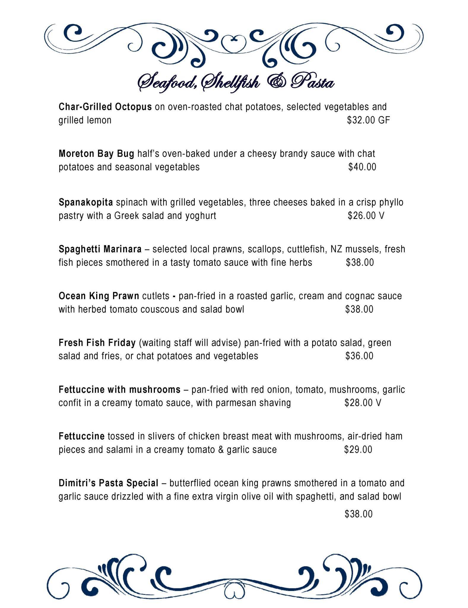 Menu at Dimitris Mediterranean Restaurant, Gladstone Central