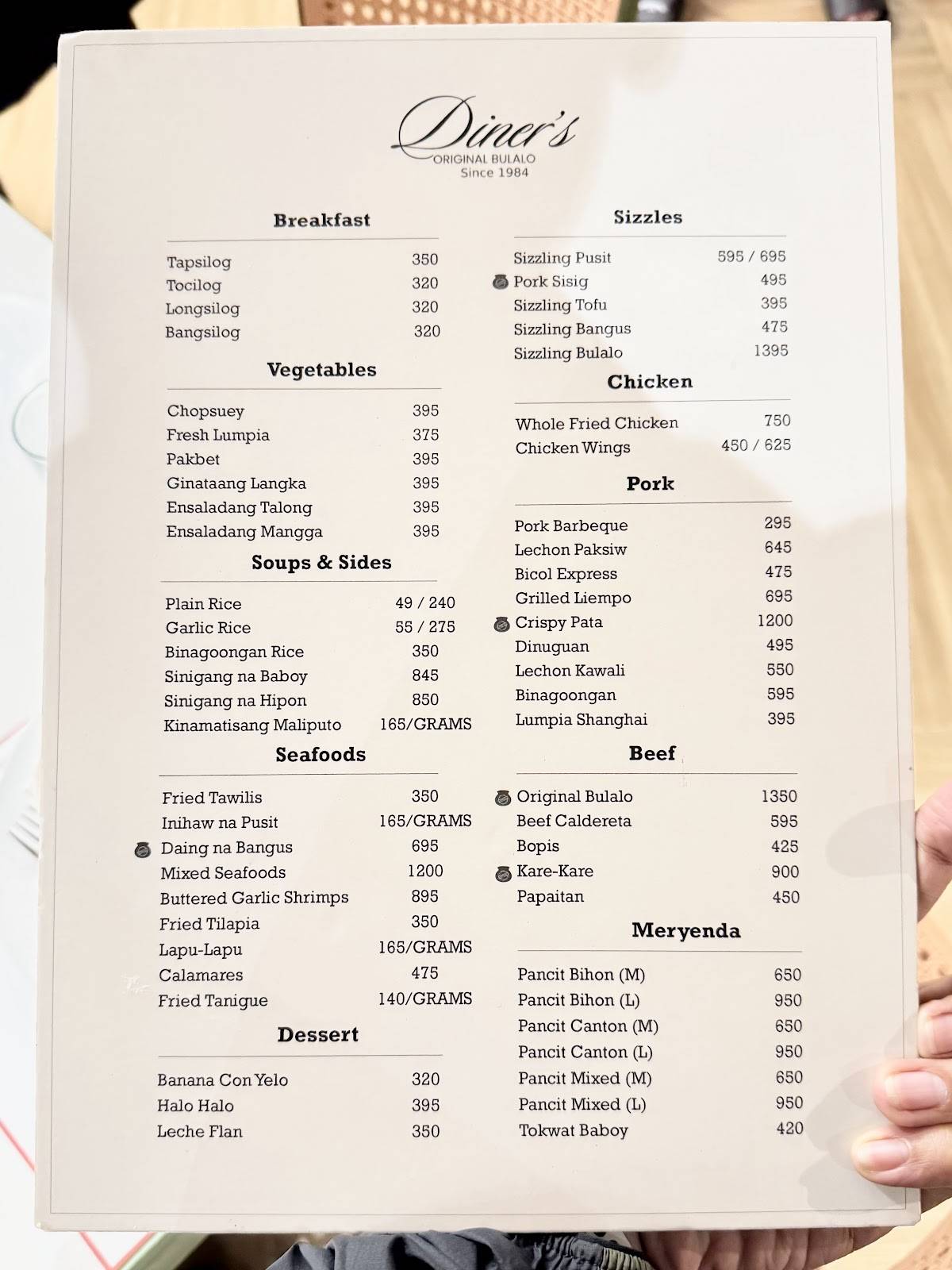 Menu at Diner's Original Bulalo Restaurant View Branch, Silang, West 4120