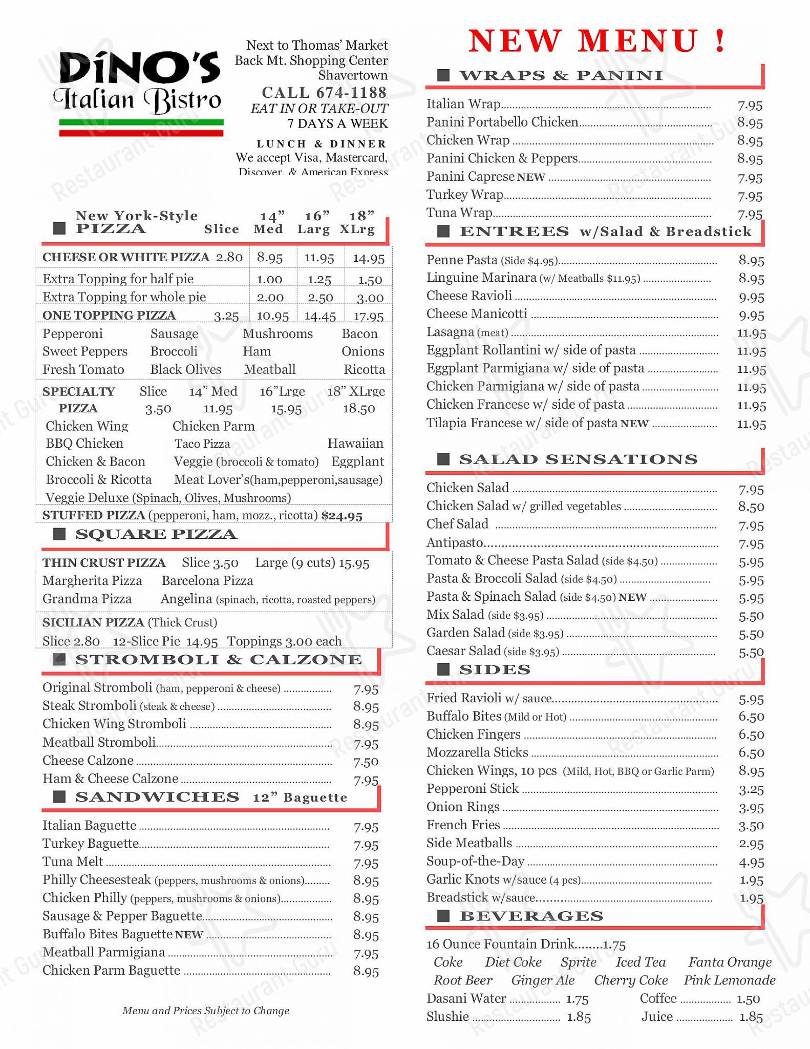 Menu at Dino's Italian Bistro pizzeria, Shavertown, N Memorial Hwy #7