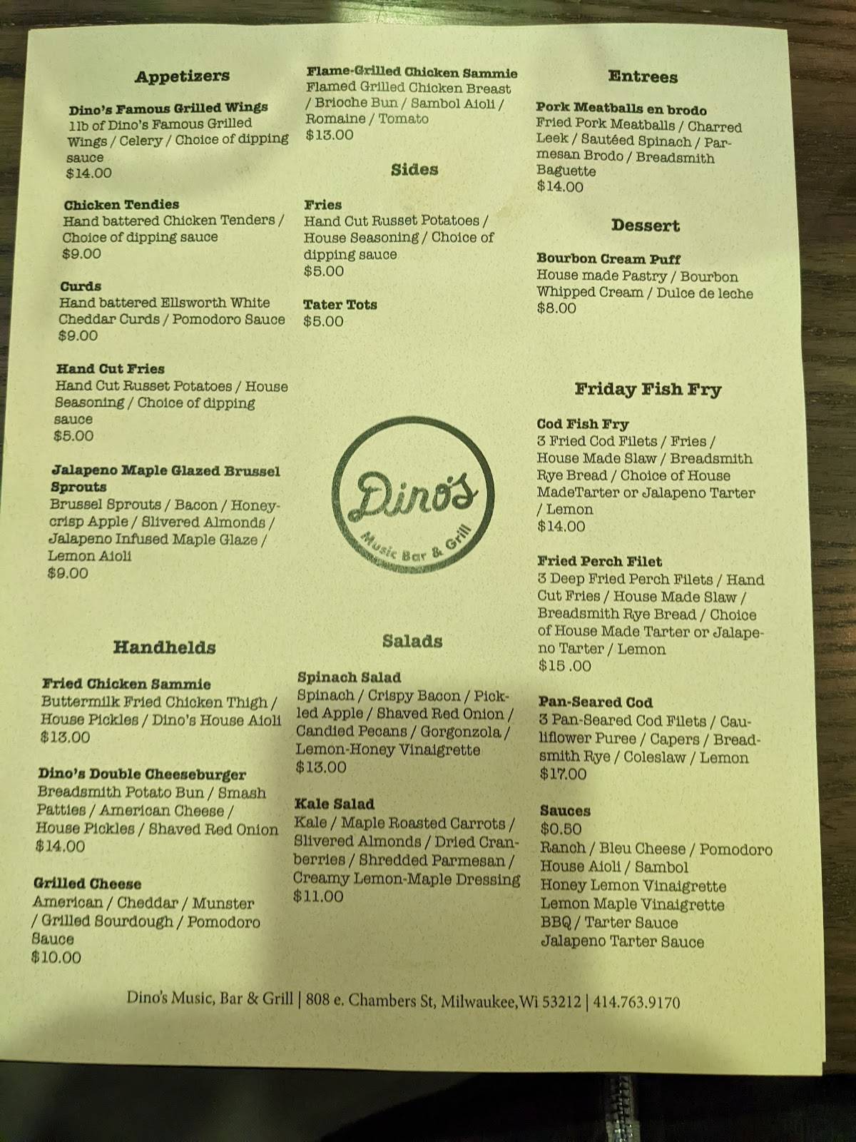 Menu at Dino's MKE pub & bar, Milwaukee