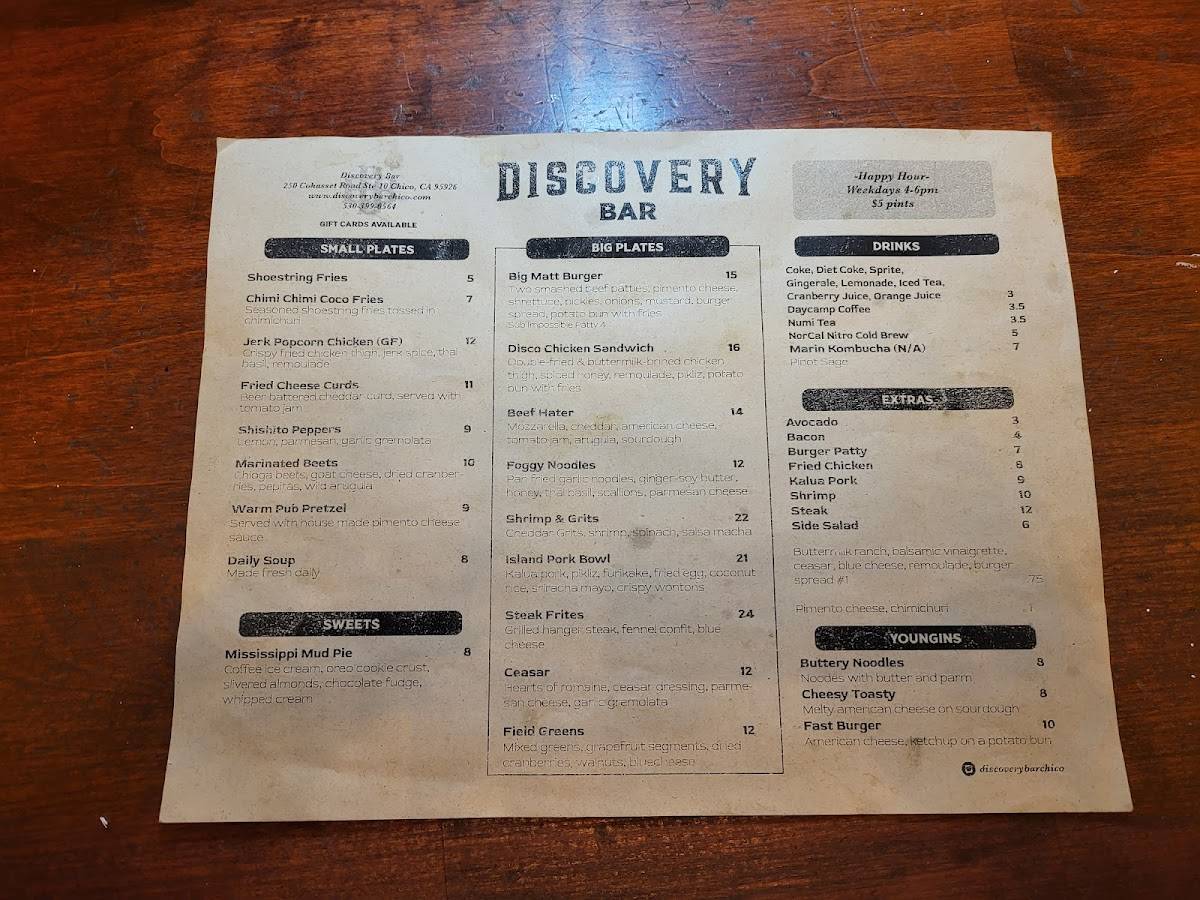 Menu at Discovery Bar & Kitchen, Chico