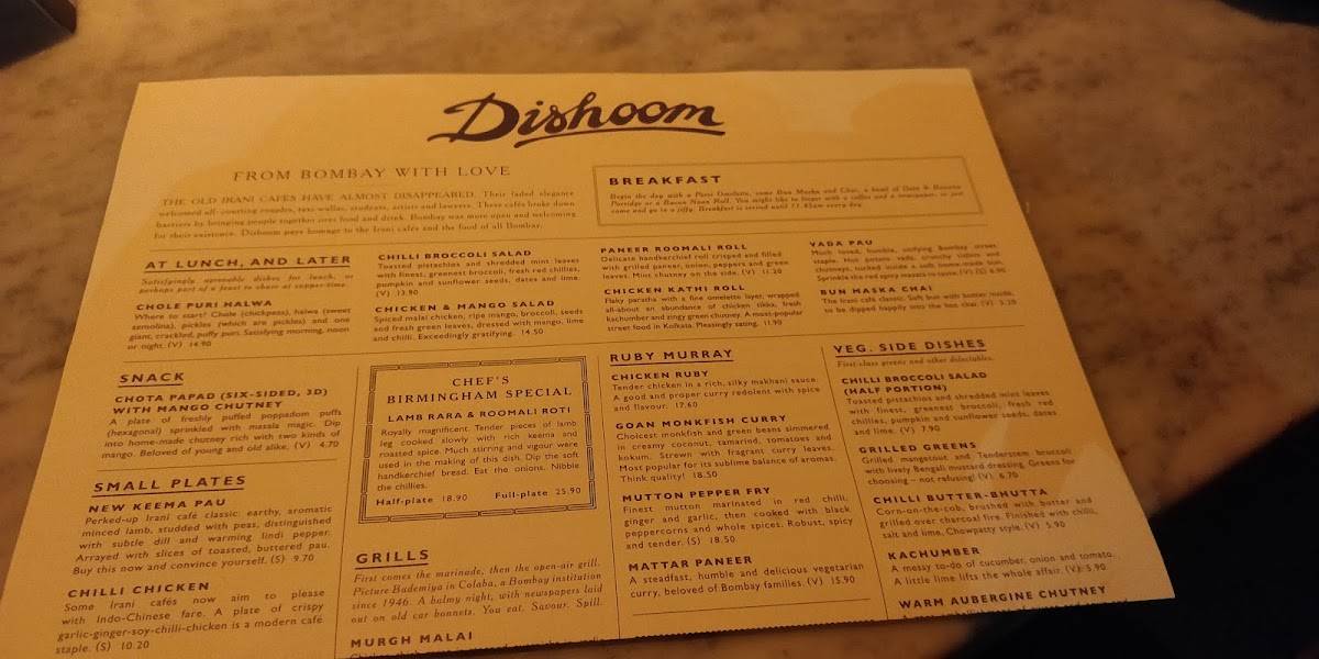 Menu at Dishoom Birmingham restaurant, Birmingham