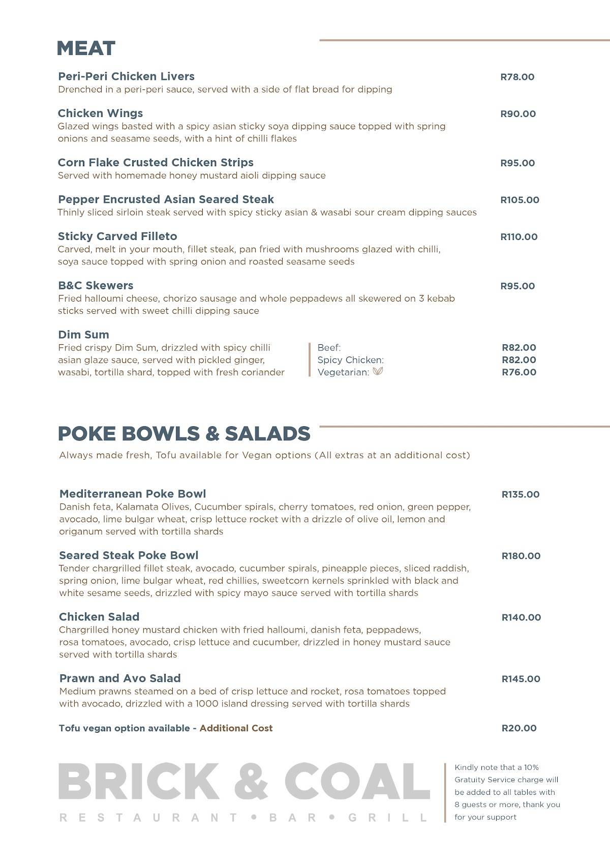 Menu at Brick and Coal Ballito restaurant, Dolphin Coast