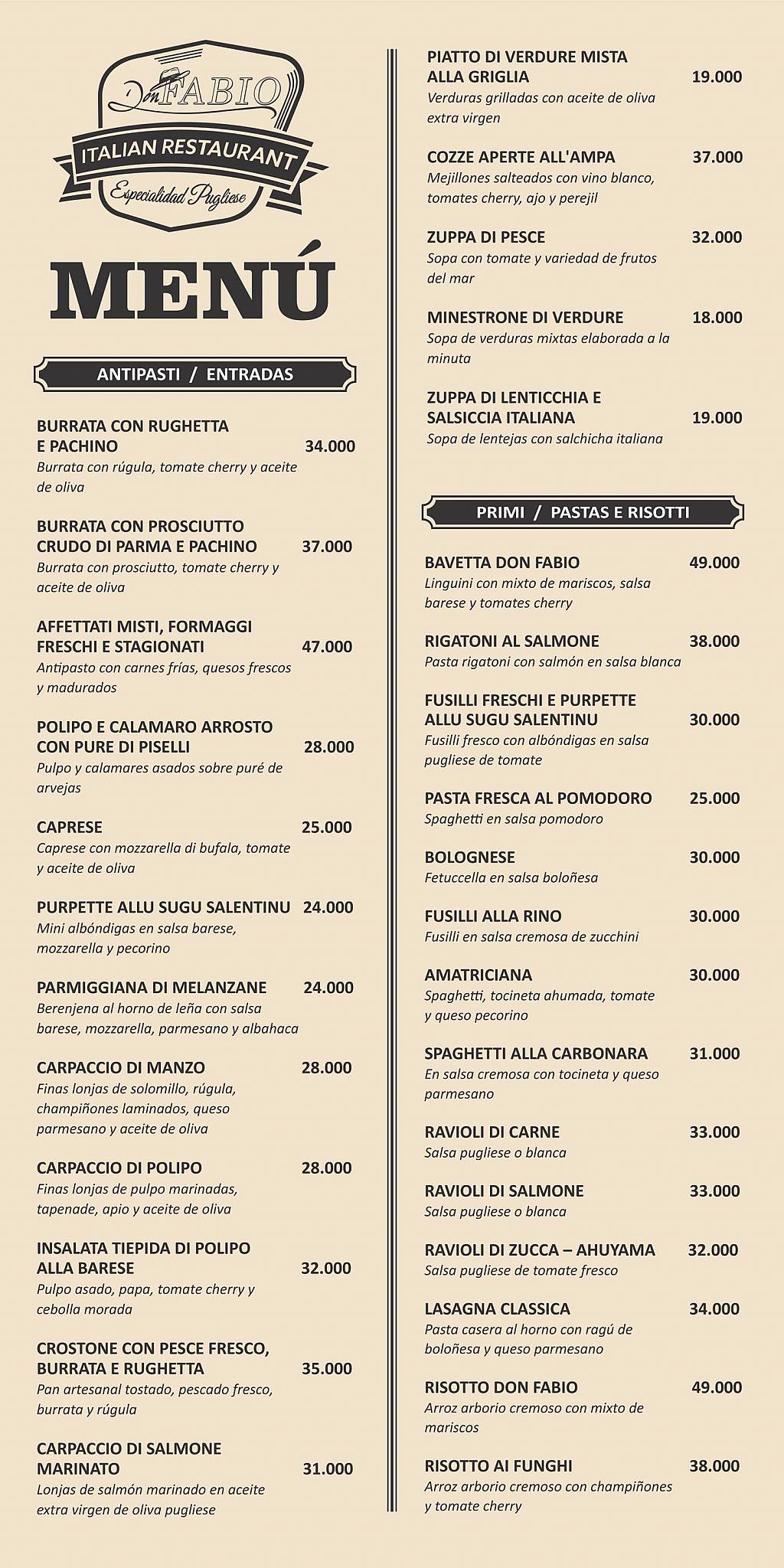 Carta de Don Fabio Italian Restaurant, Bogotá, Cl. 70 #11 - 29