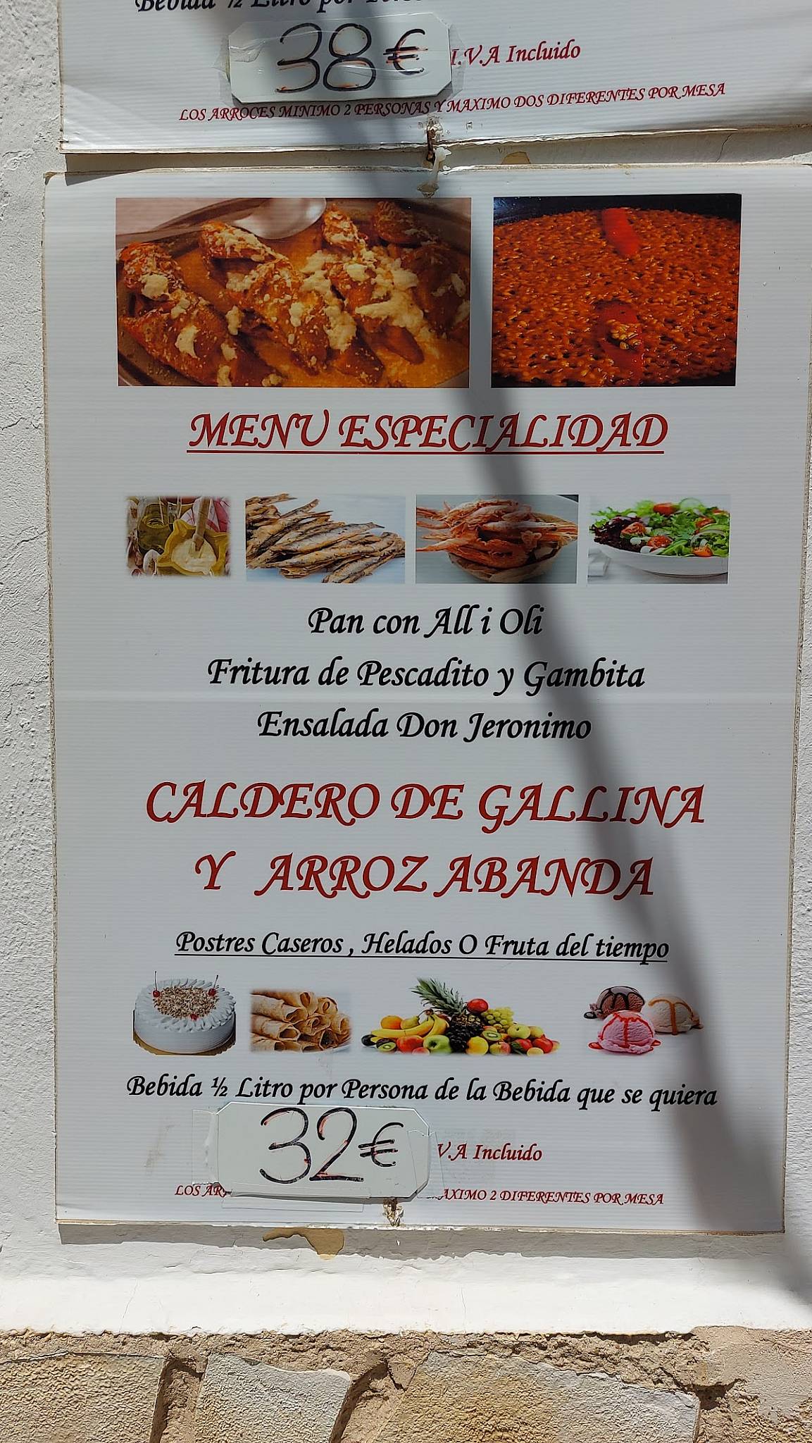 Carta del restaurante Don Jerónimo, Tabarca