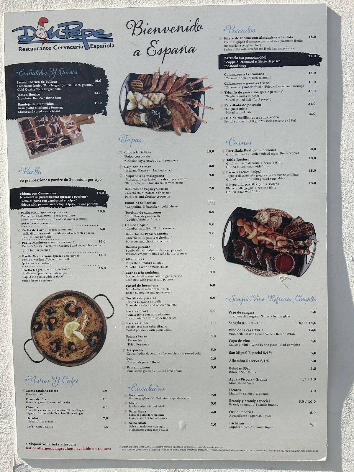Menu da Don Pepe ristorante, Lido di Ostia, Lungomare Paolo Toscanelli
