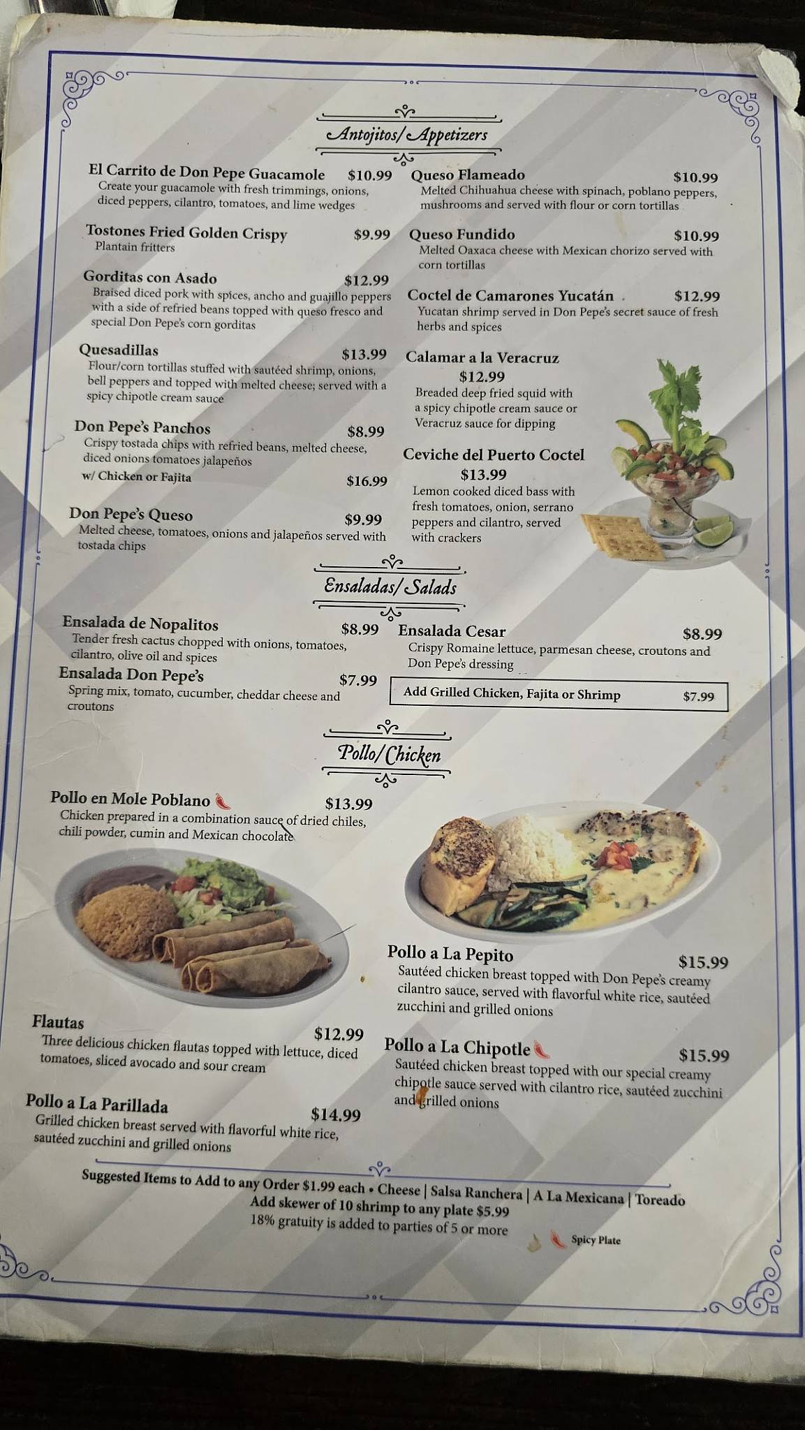 Menu at Don Pepe's restaurant, McAllen