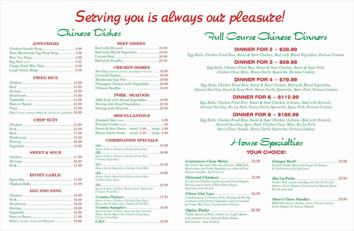 Menu at Don's Restaurant, Carbonear