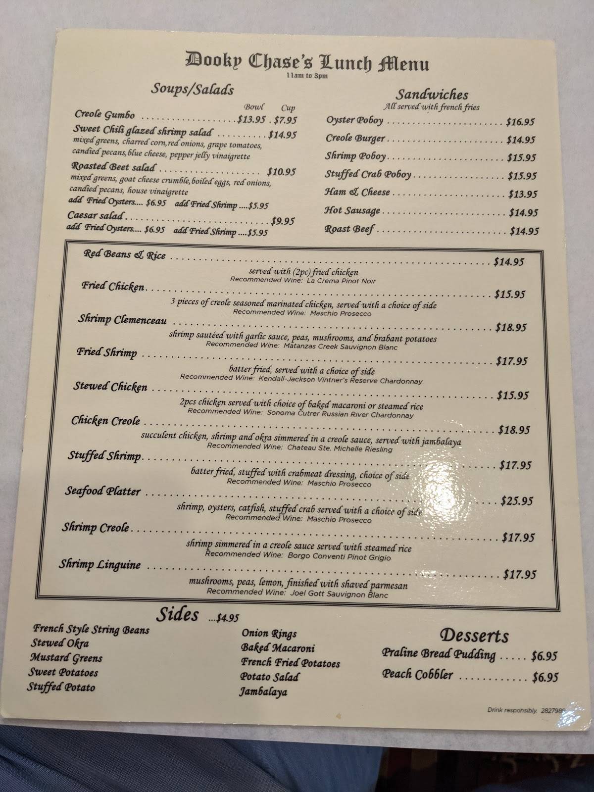 Menu at Dooky Chase Restaurant, New Orleans