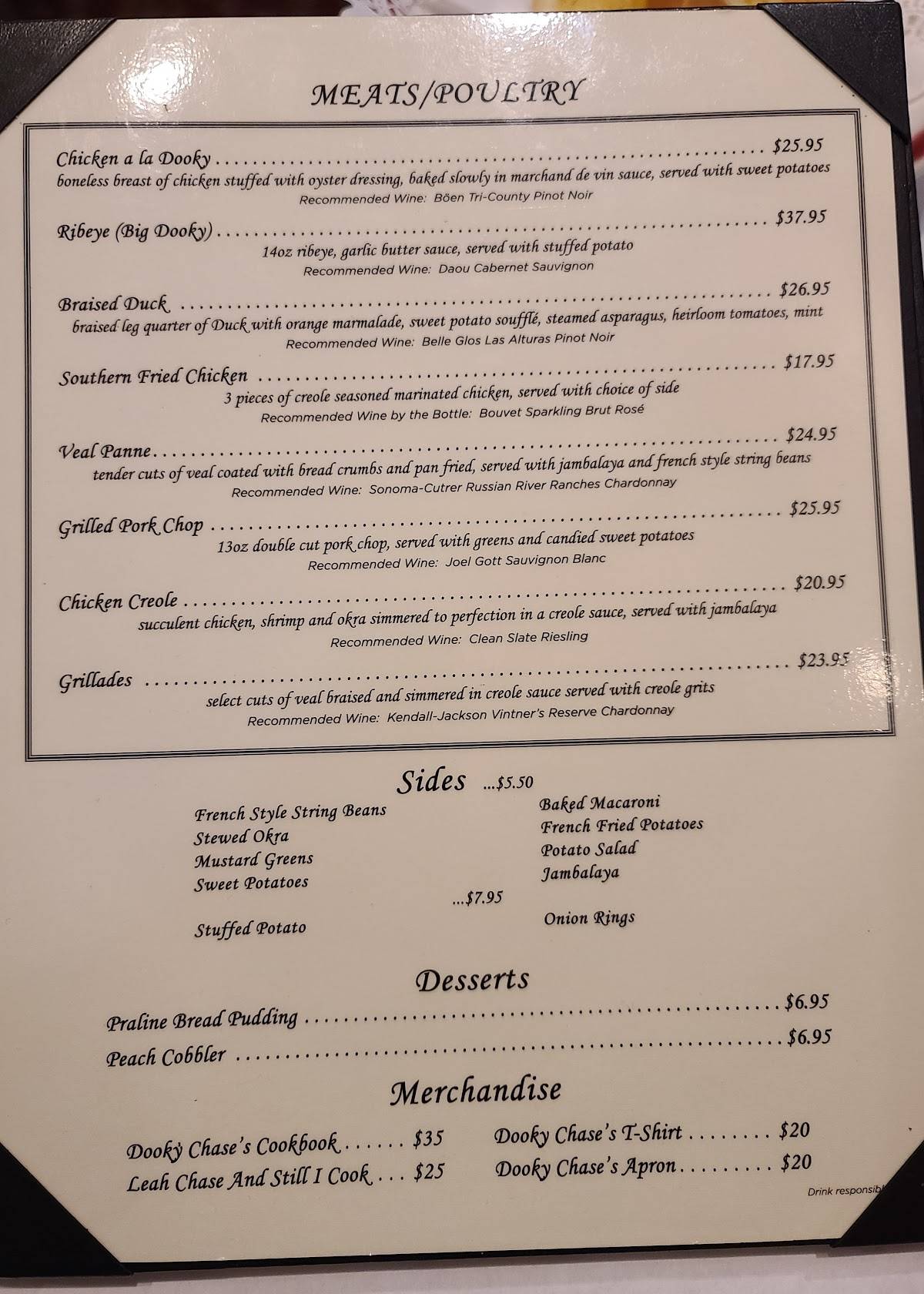 Menu at Dooky Chase Restaurant, New Orleans