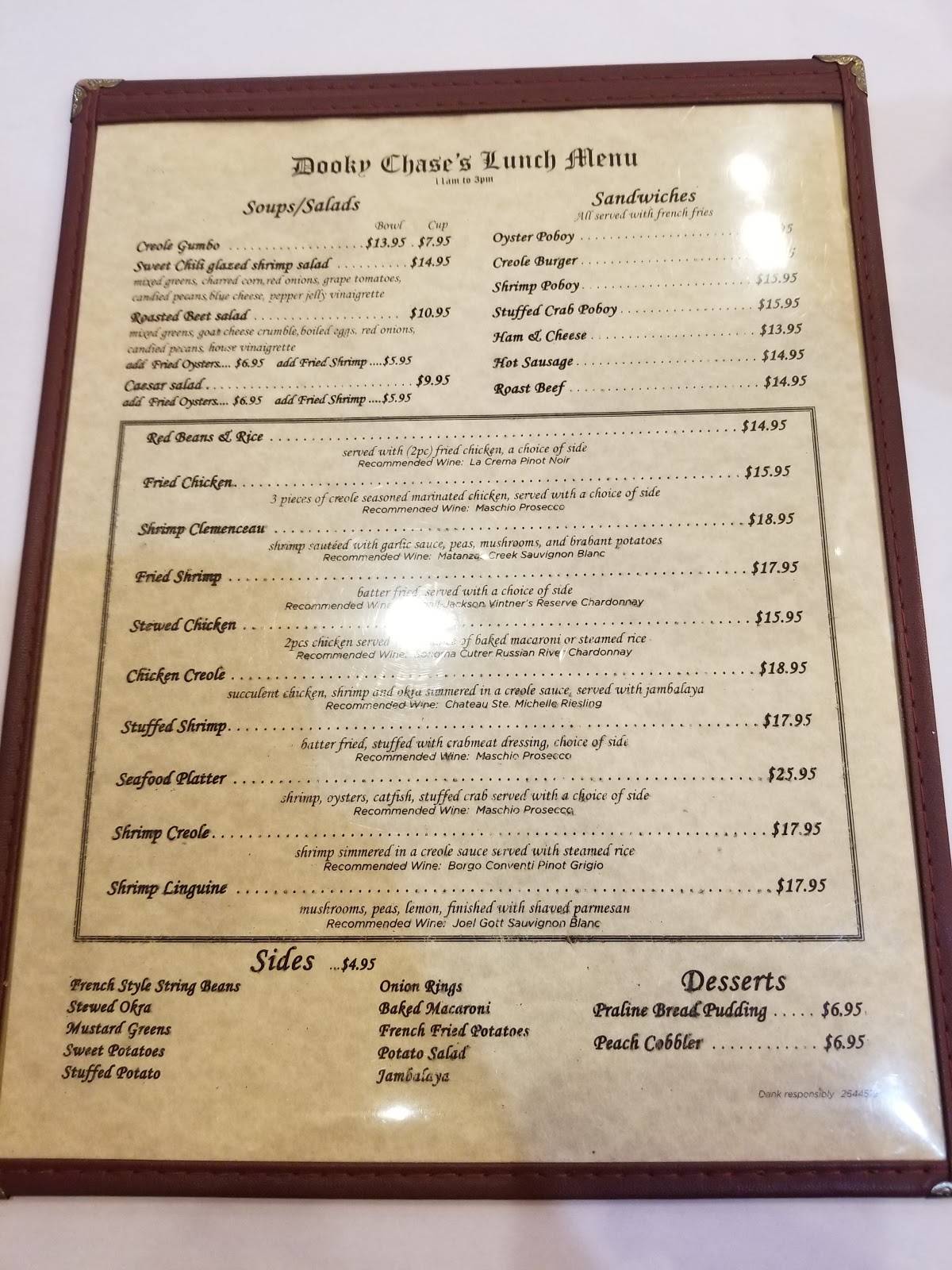 Menu at Dooky Chase Restaurant, New Orleans