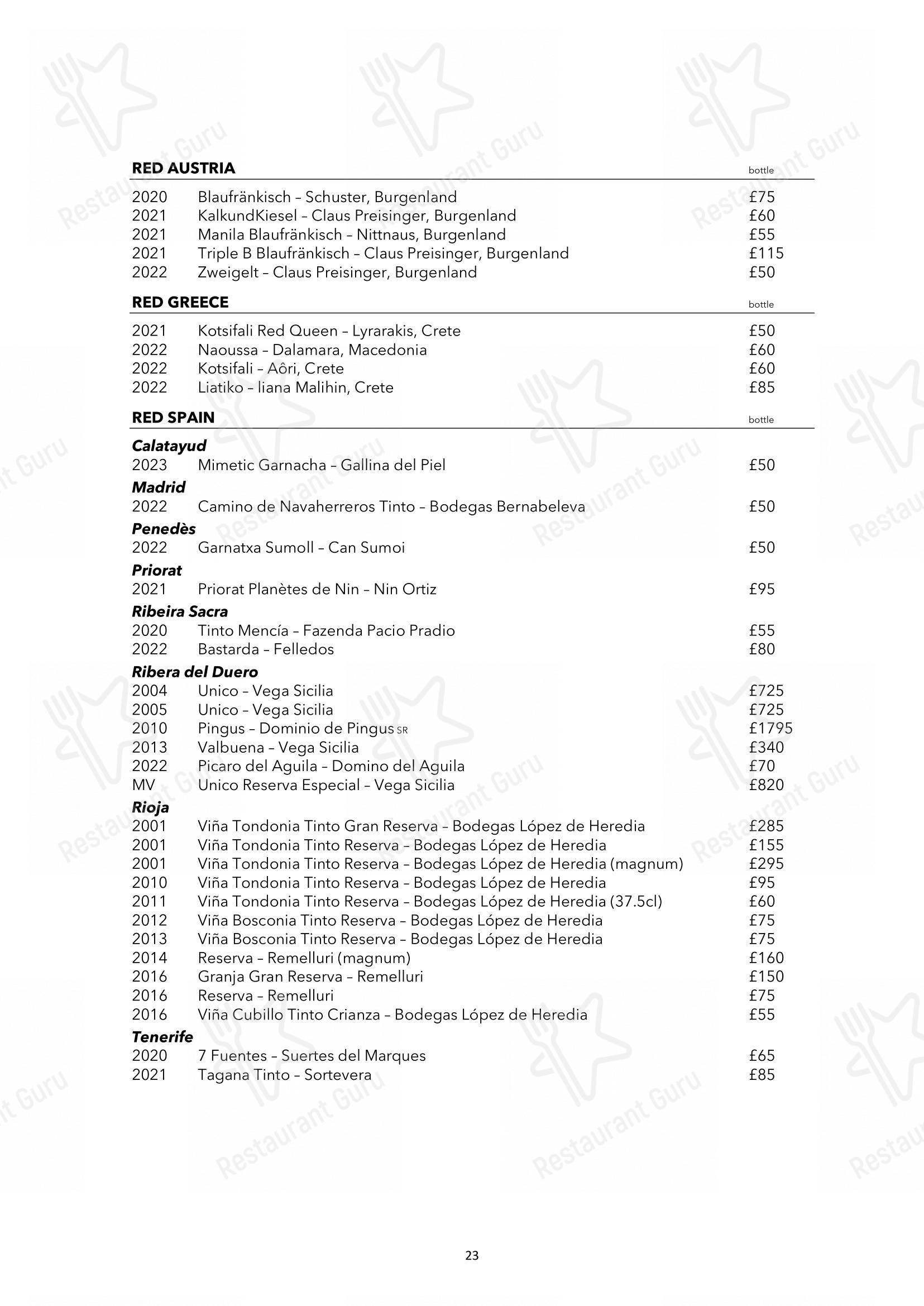 Menu at Dorian Restaurant, London