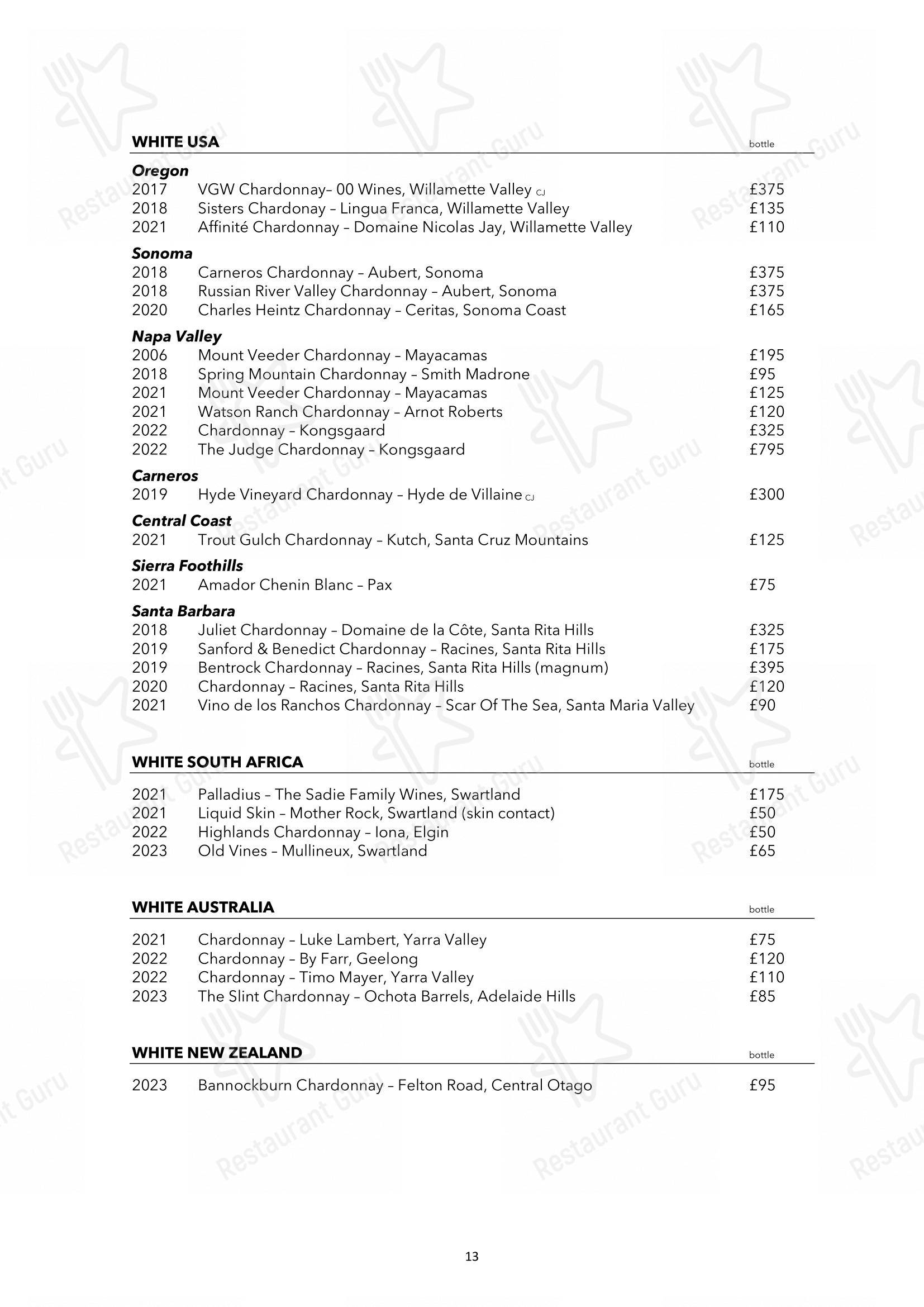 Menu at Dorian Restaurant, London