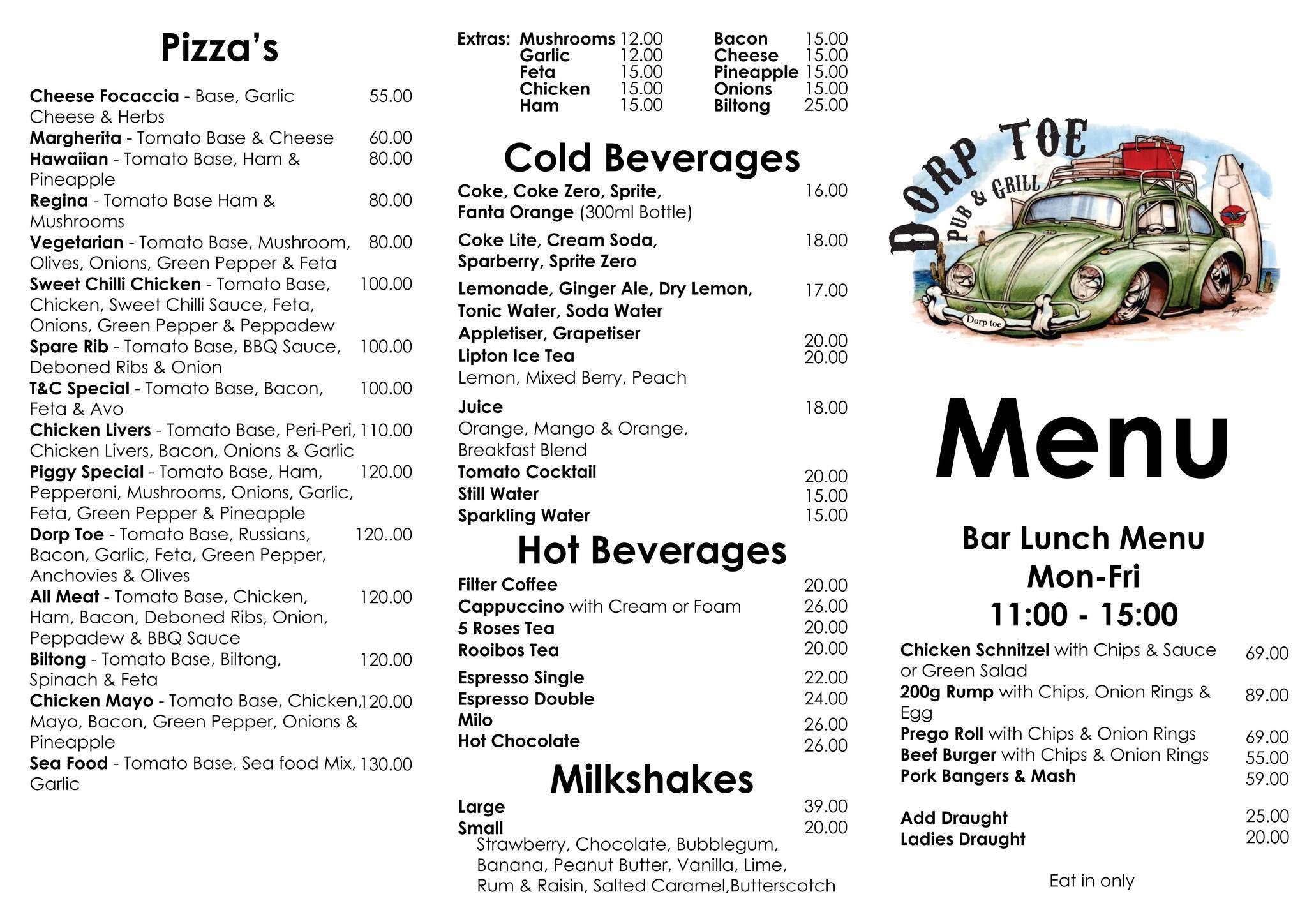 Menu at Dorp Toe Pub & Grill, Vereeniging