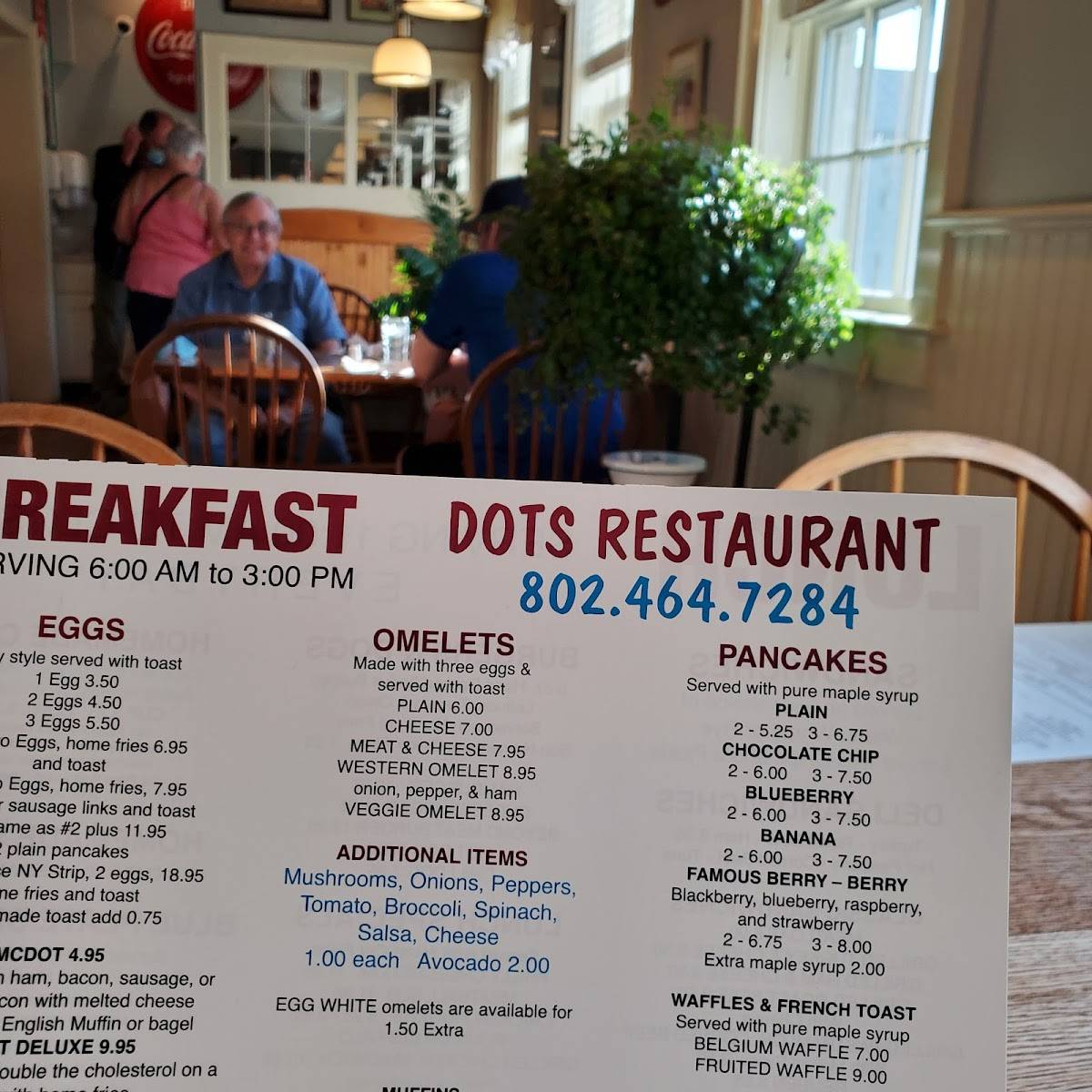 Menu at Dot's restaurant, Wilmington