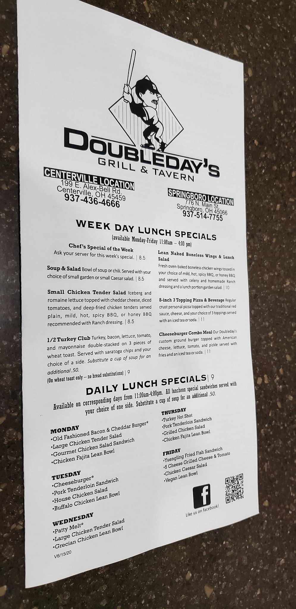 Menu at Doubleday's Grill &Tavern pizzeria, Springboro